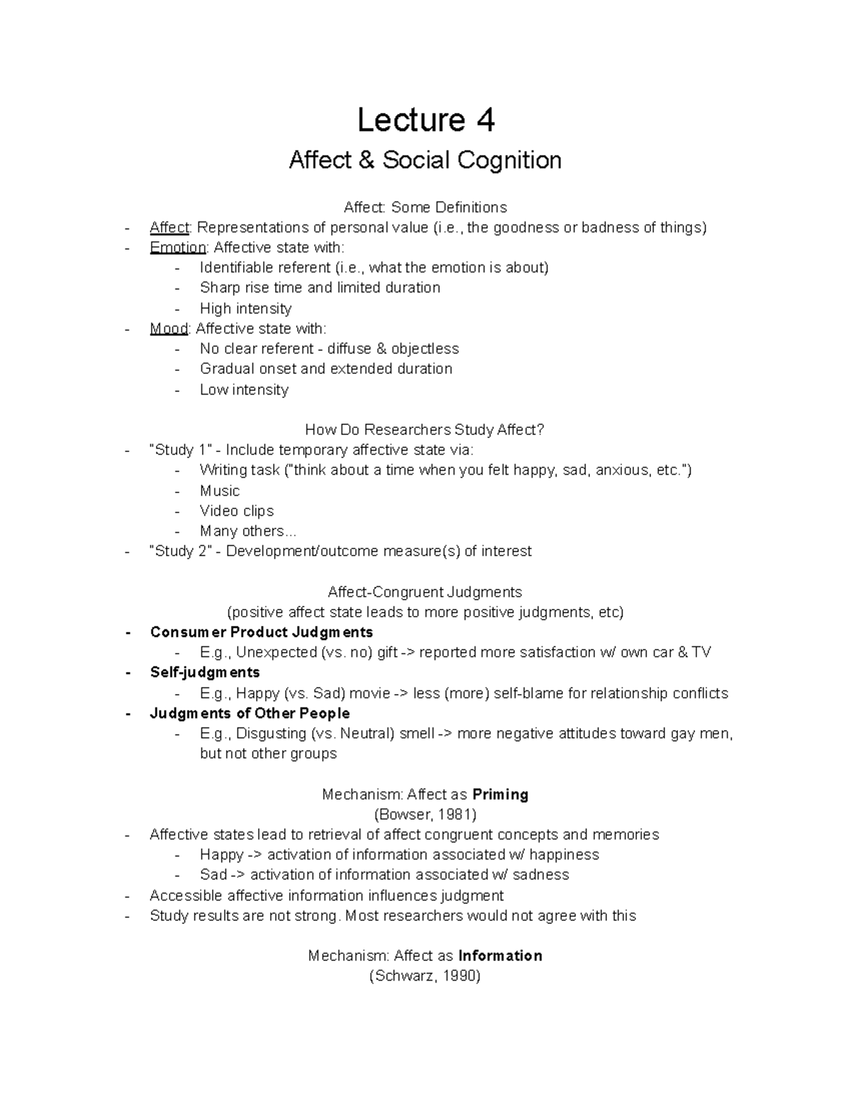 Psc 152 Notes Lecture 4 Lecture 4 Affect Social Cognition Affect