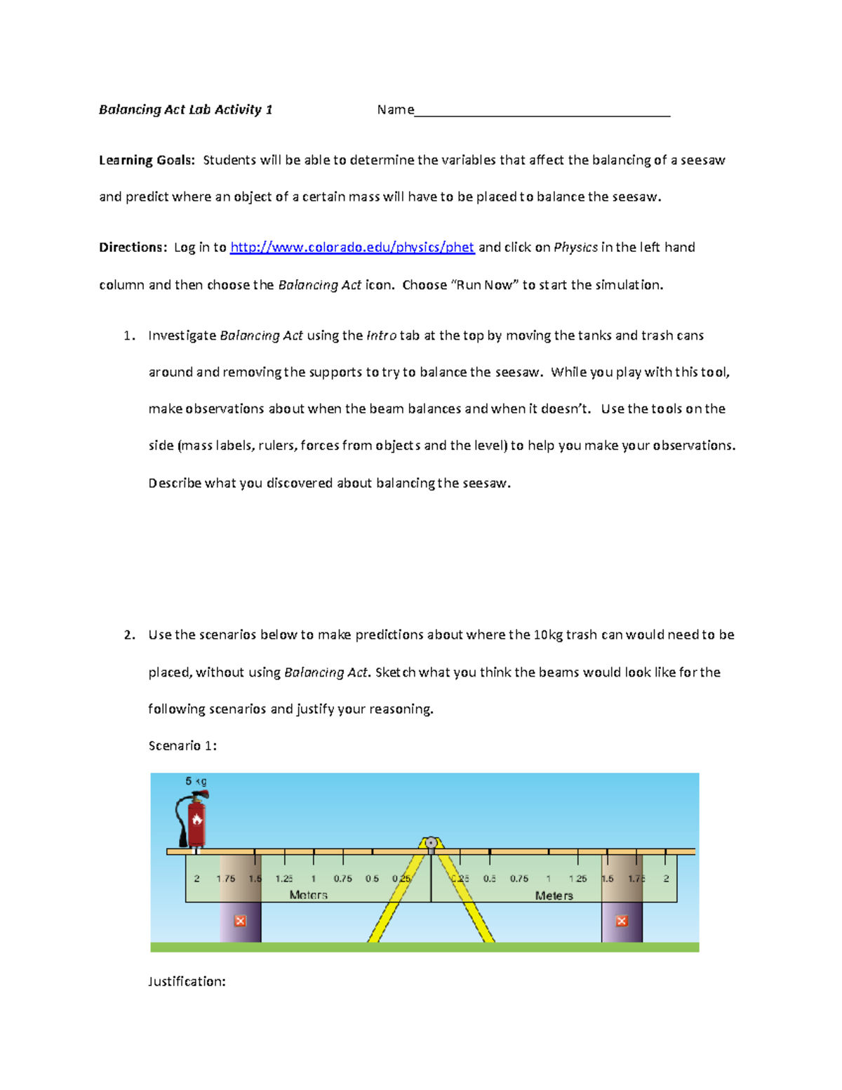 Balancing act phet lab ws - Balancing Act Lab Activity 1 Name