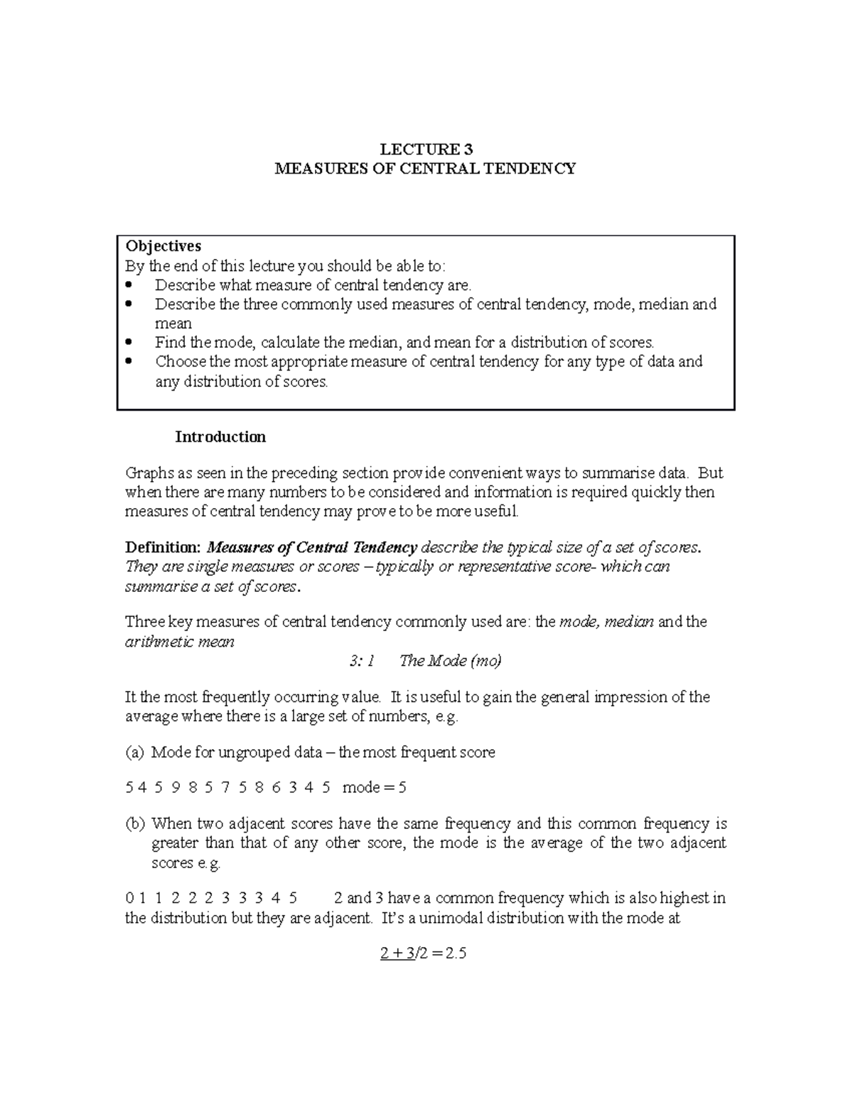PSY 102 Topic 3 Measures of Central Tendency - LECTURE 3 MEASURES OF ...
