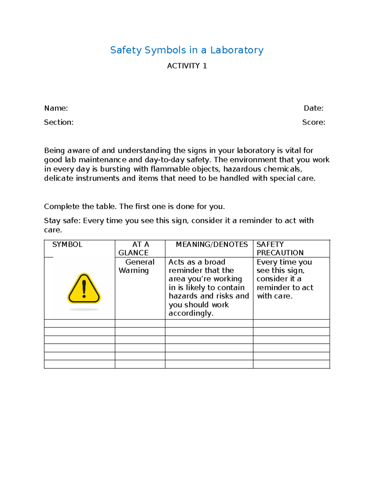 Activity 1 Safety Symbols in a Laboratory - Safety Symbols in a ...