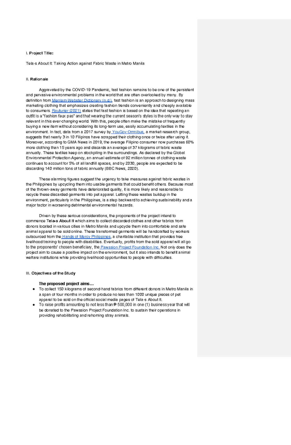 11 ABM 9 – Project Proposal – Learning Group 1 - I. Project Title: Tela ...