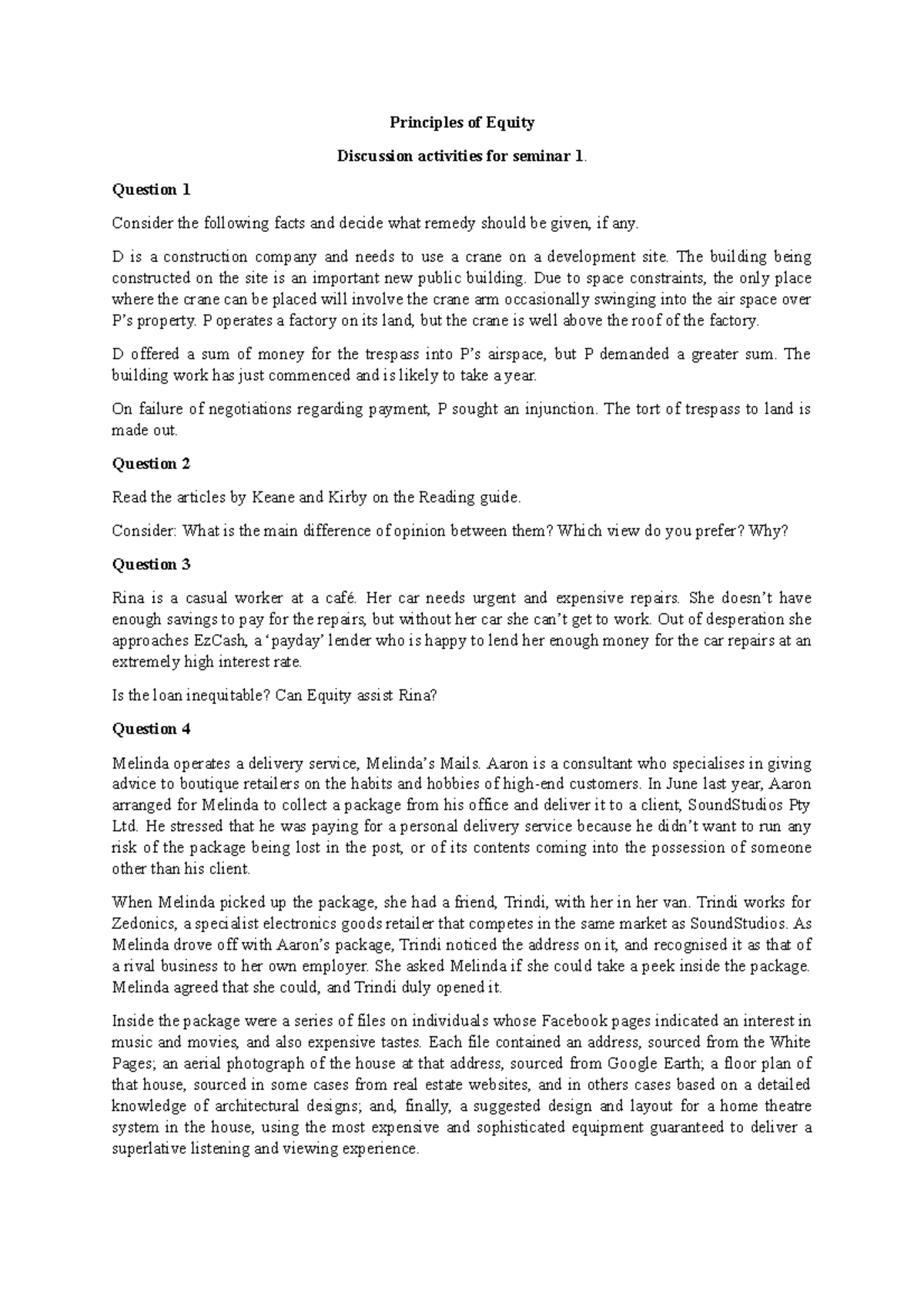 Workshop 1 activities - Principles of Equity Discussion activities for ...