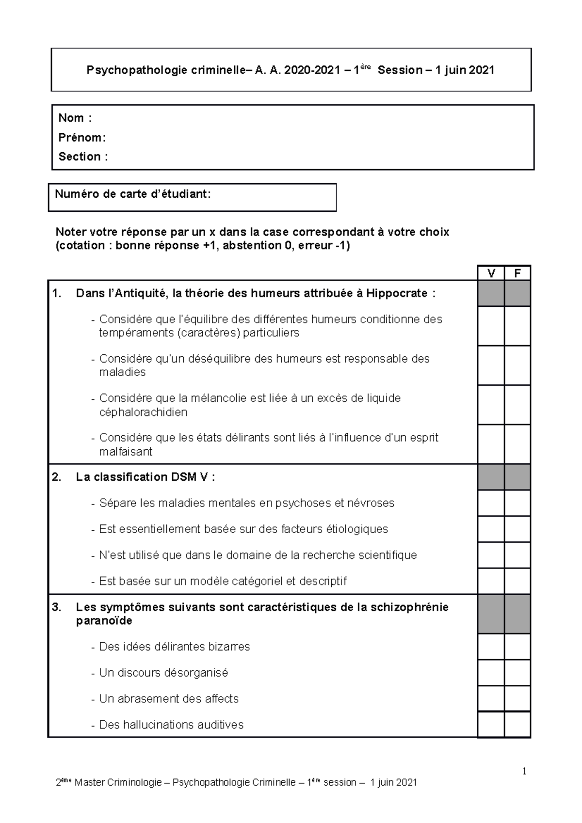 Examen 2021 - QCM - Psychopathologie criminelle– A. A. 2020-2021 – 1ère ...