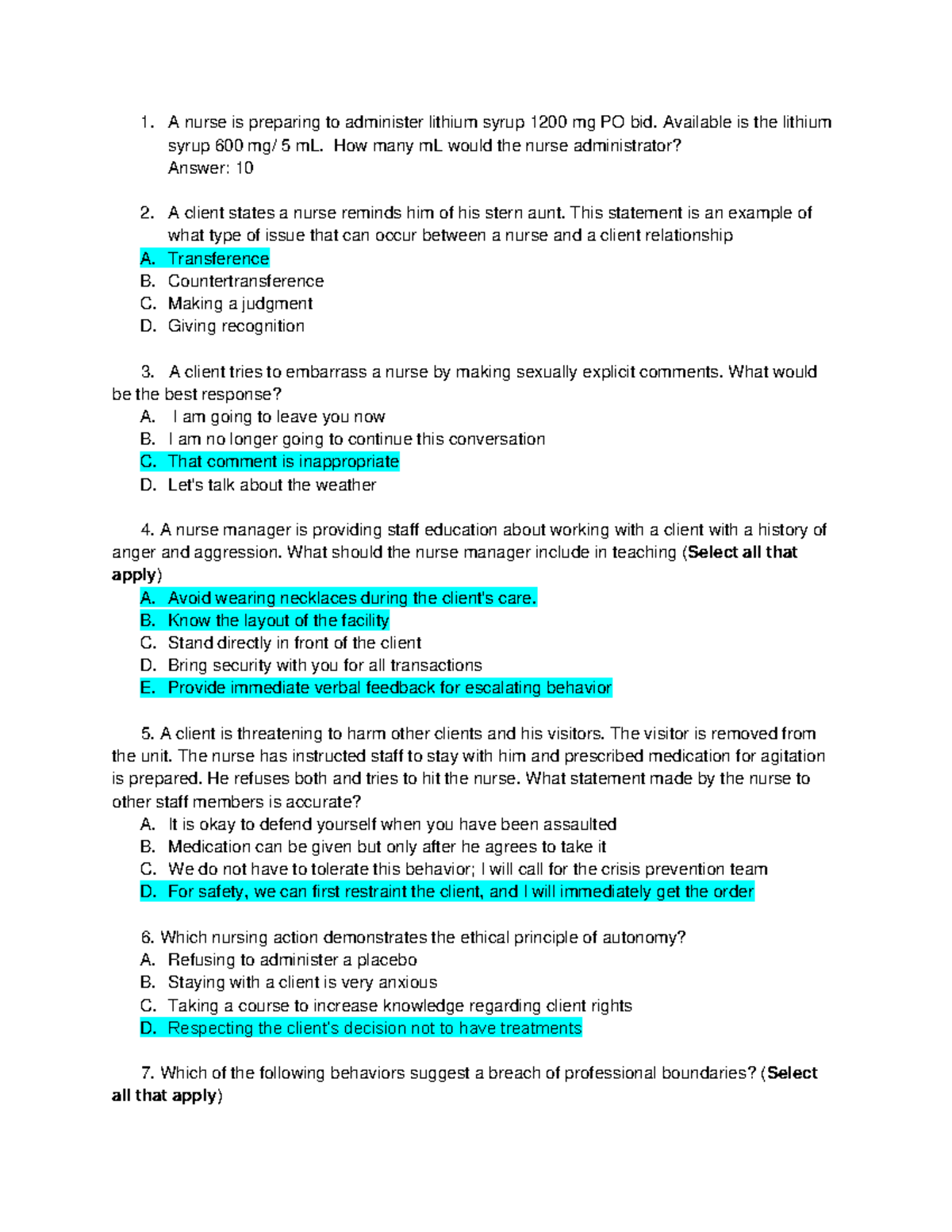 Mental Health Exam 1 (75) - A nurse is preparing to administer lithium ...