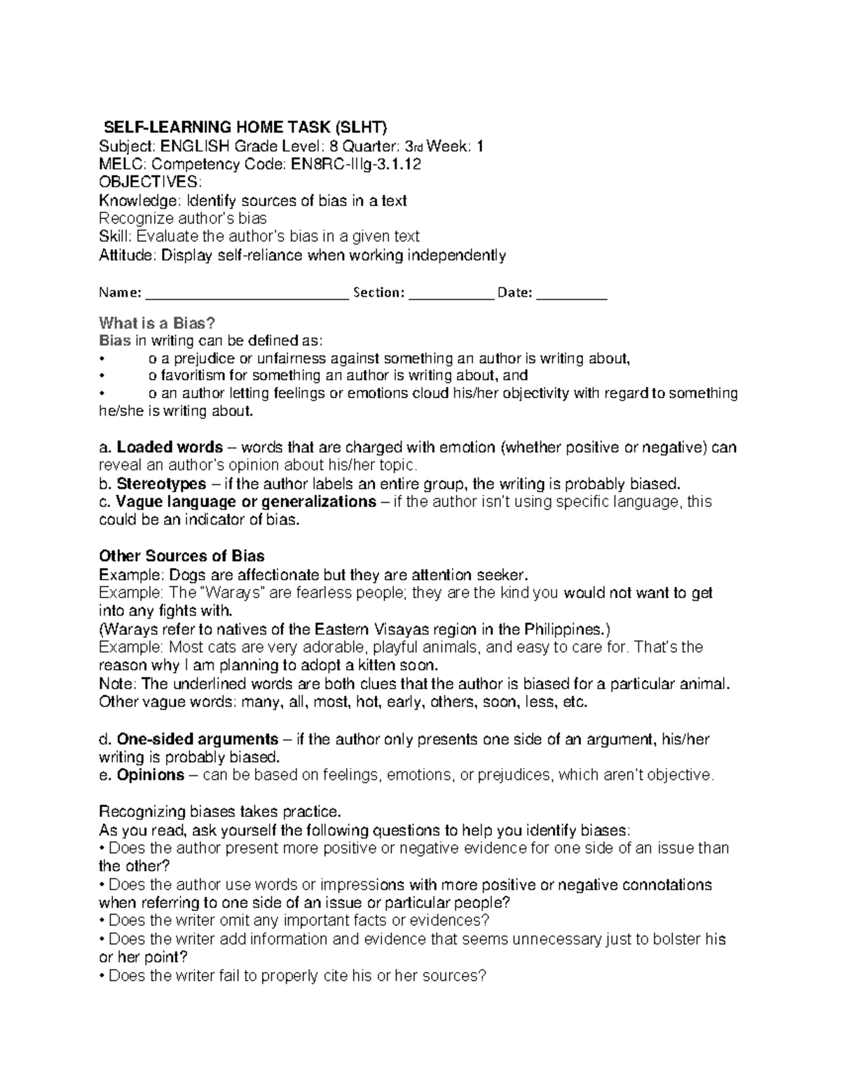Module 3 - NOTES - SELF-LEARNING HOME TASK (SLHT) Subject: ENGLISH ...