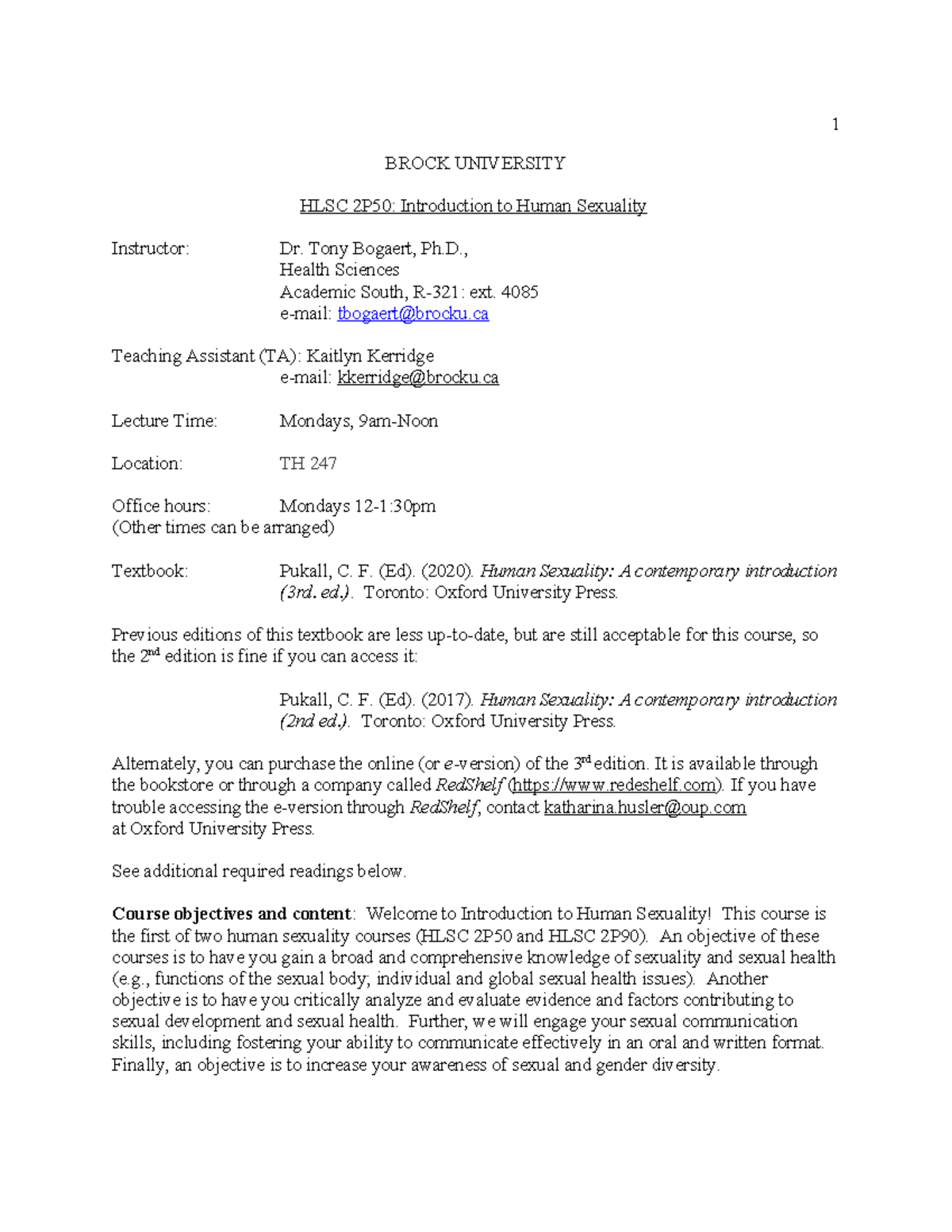 Hlsc 2p50 Syllabus Brock University Hlsc 2p50 Introduction To Human Sexuality Instructor Dr