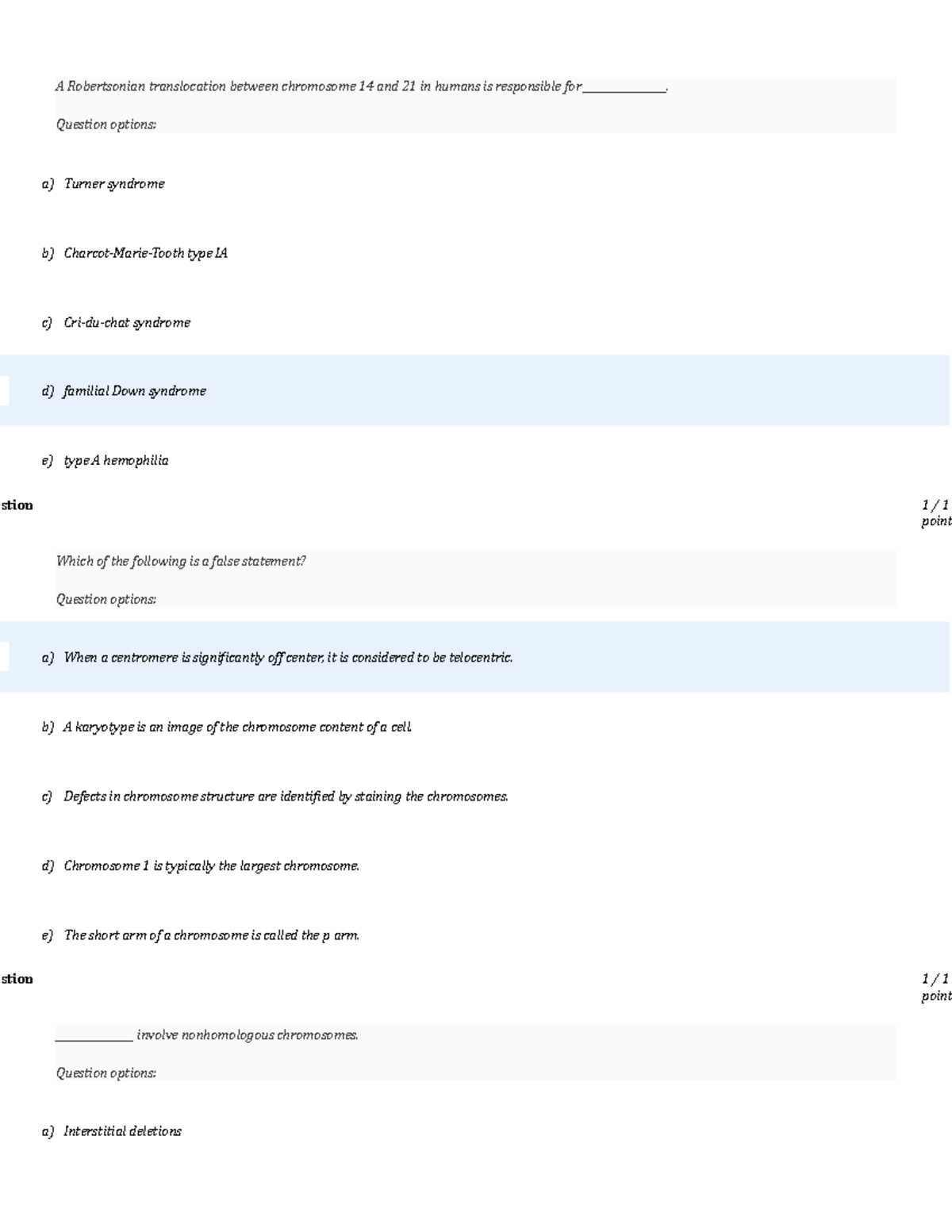 Quiz - Chapter 4-5 - A Robertsonian translocation between chromosome 14 ...