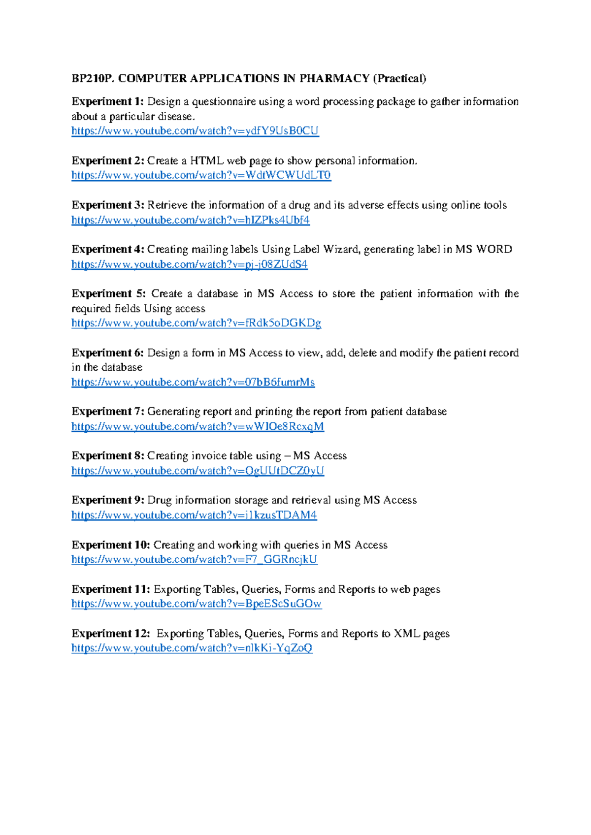 BP210P Computer Applications IN Pharmacy (Practical) - BP210P. COMPUTER ...