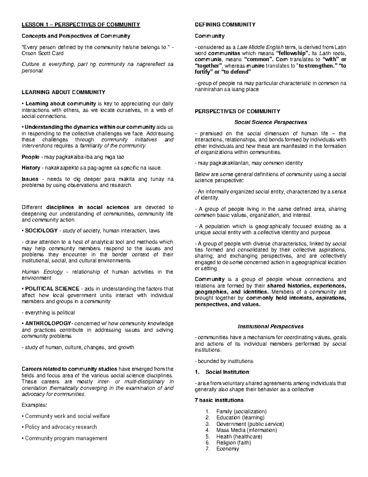 COMM ENG - comm eng - LESSON 1 – PERSPECTIVES OF COMMUNITY Concepts and ...