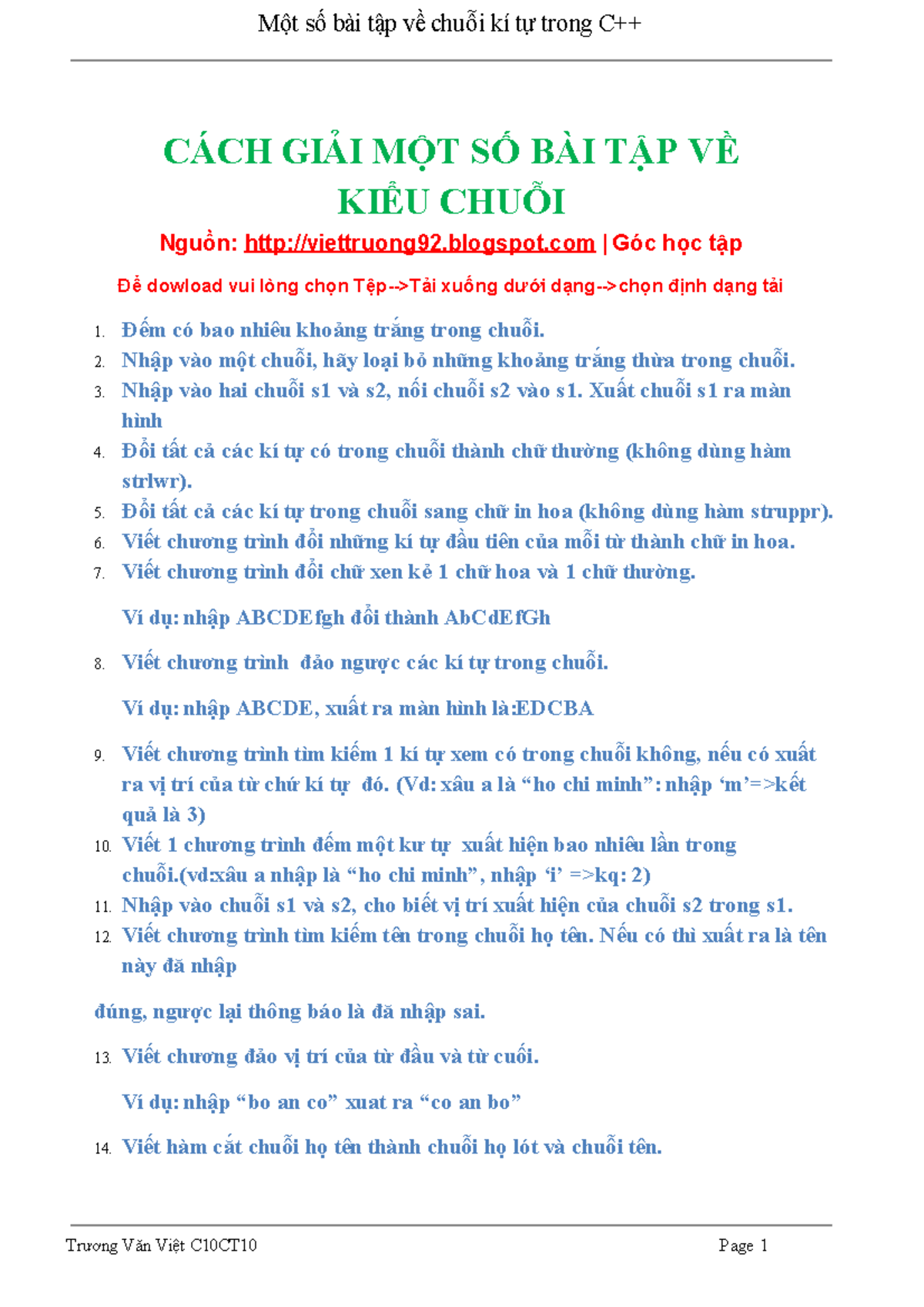 Mt s bai tp v chui ki t trong C CA - CÁCH GIҦI MӜT SӔ BÀI TҰP Vӄ KIӆU CHUӚI Nguồn: viettruong92 ...