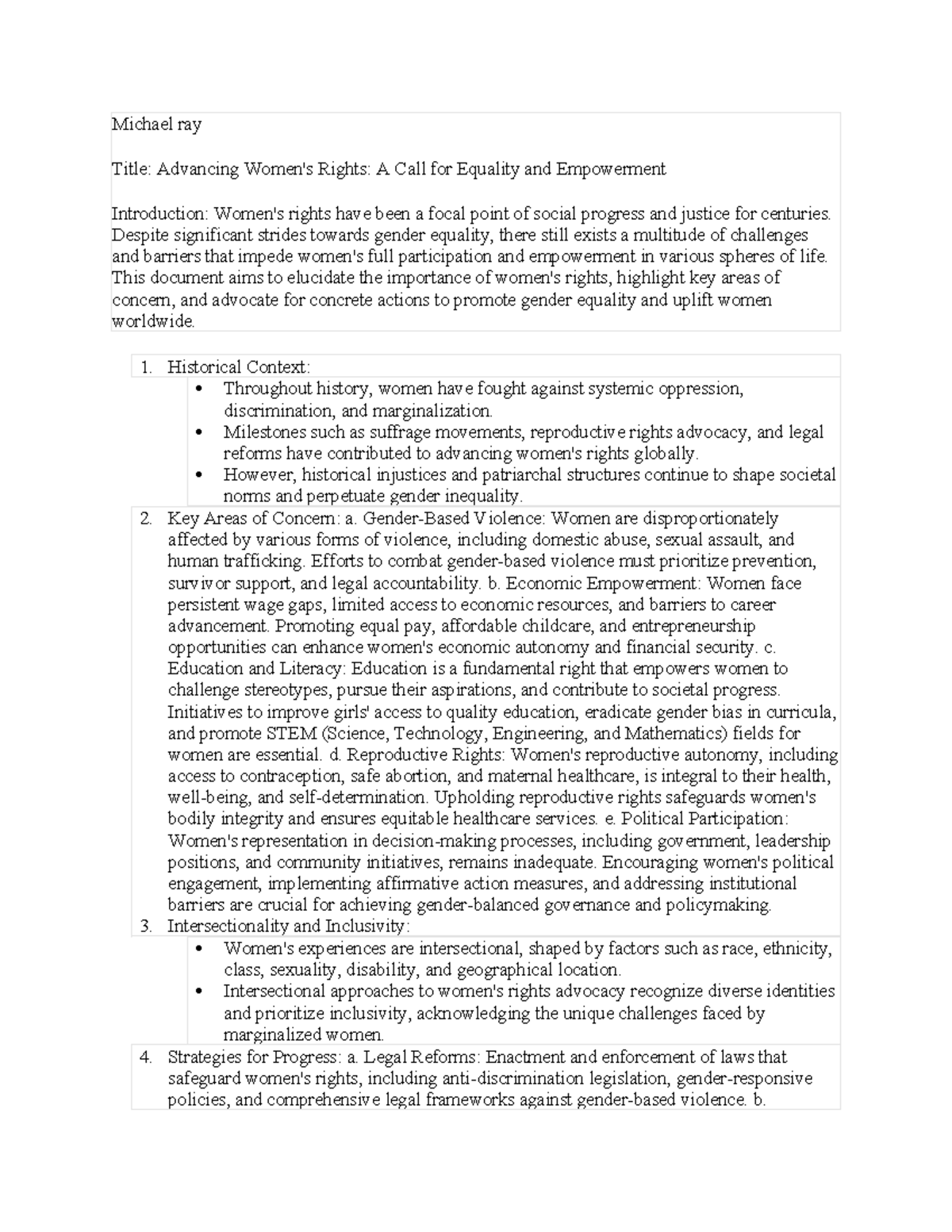 Womens rights essay - Michael ray Title: Advancing Women's Rights: A ...