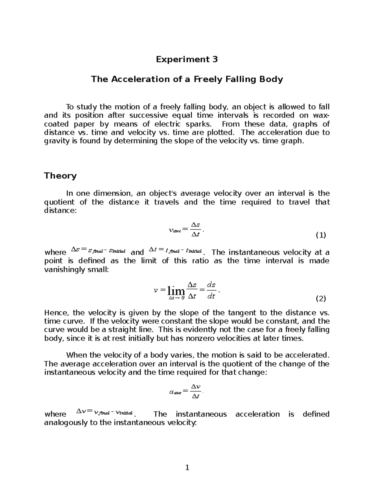 Phys 21 Acceleration due to gravity - Experiment 3 The Acceleration of ...