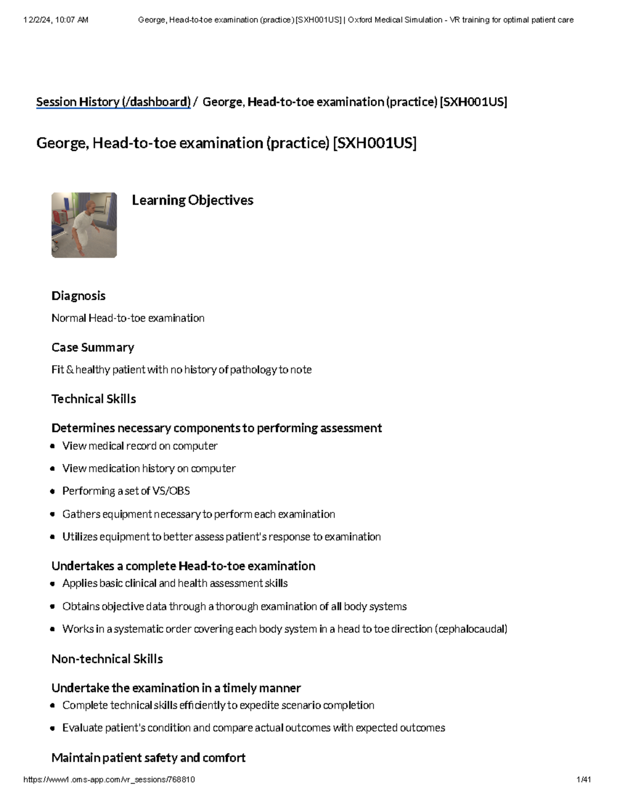 OMS George Head to toe - Session History (/dashboard) / George, Head-to-toe examination ...