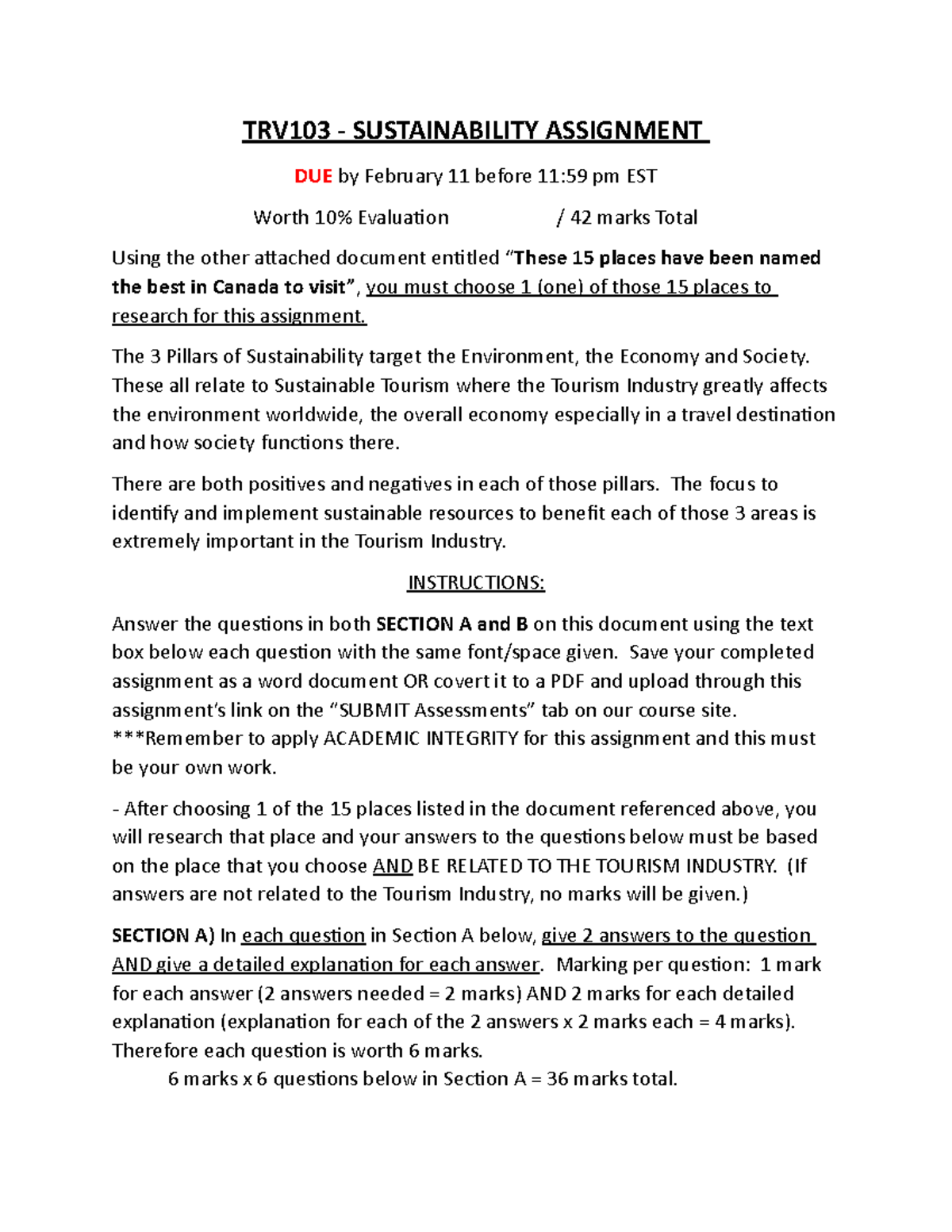 TRV103 Sustainability Assignment W2022 - TRV103 - SUSTAINABILITY ...