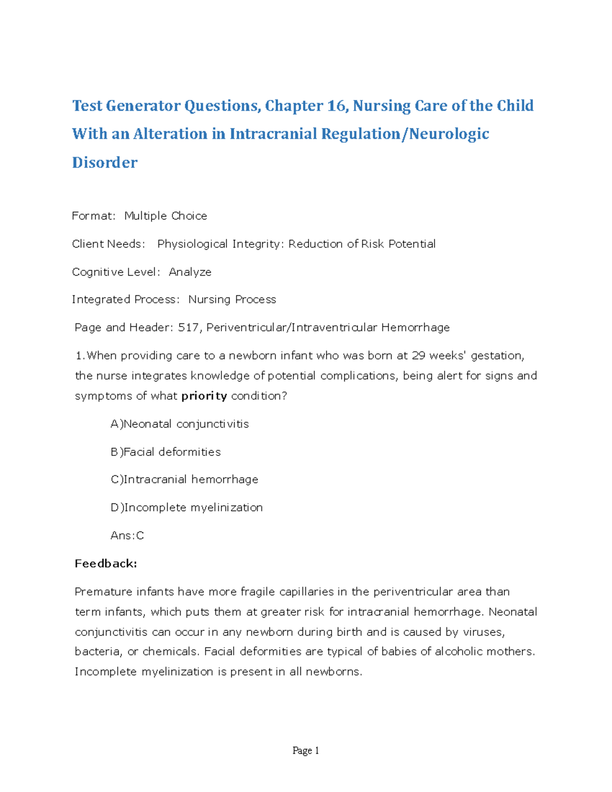 Neuro Chapter 16 NCLEX - Test Generator Questions, Chapter 16, Nursing ...