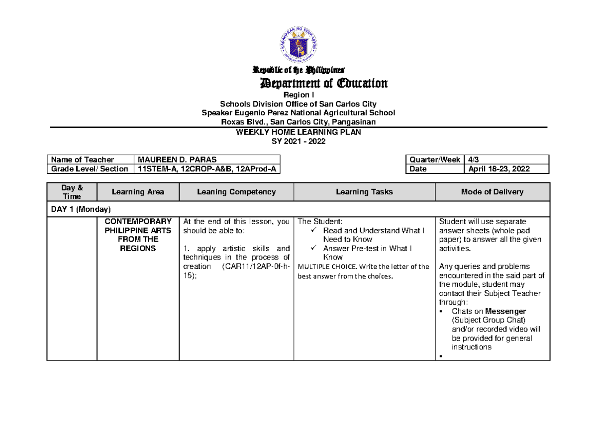 CPAR Q2 Module-3 WHLP2-weeks - Republic of the Philippines Department ...