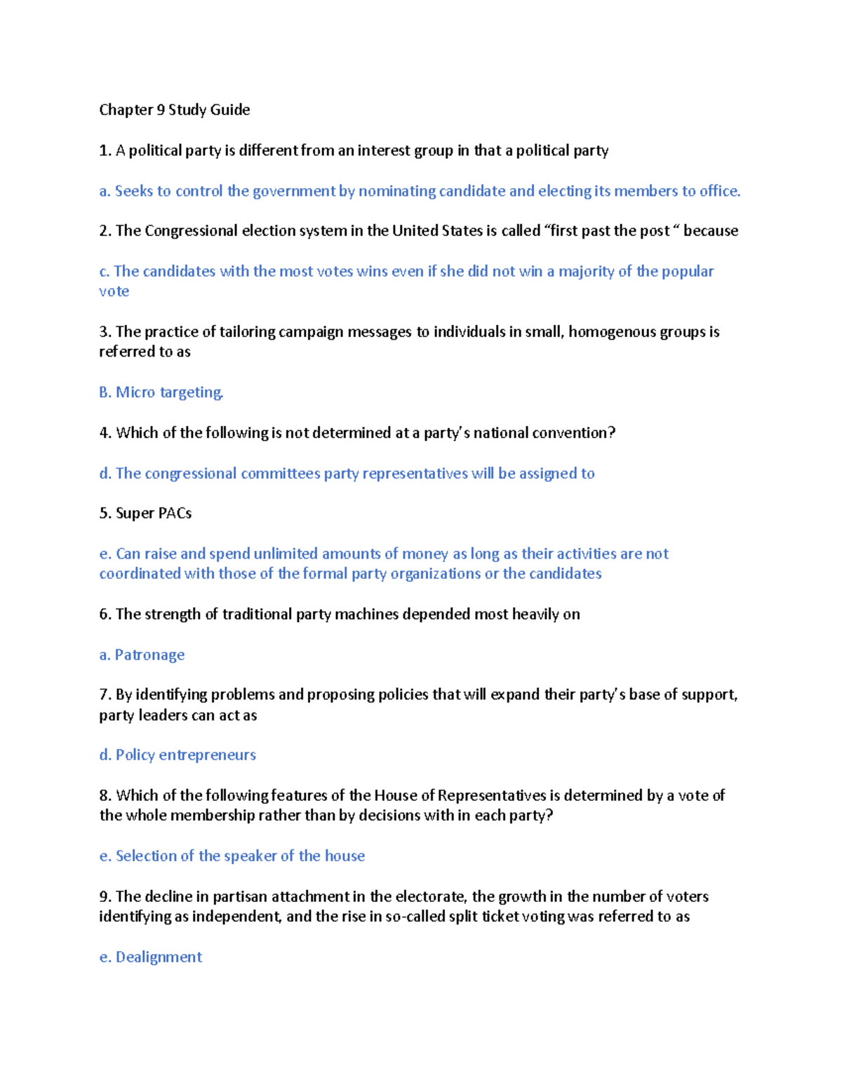 Chapter 9 Study Guide - notes - Chapter 9 Study Guide A political party ...