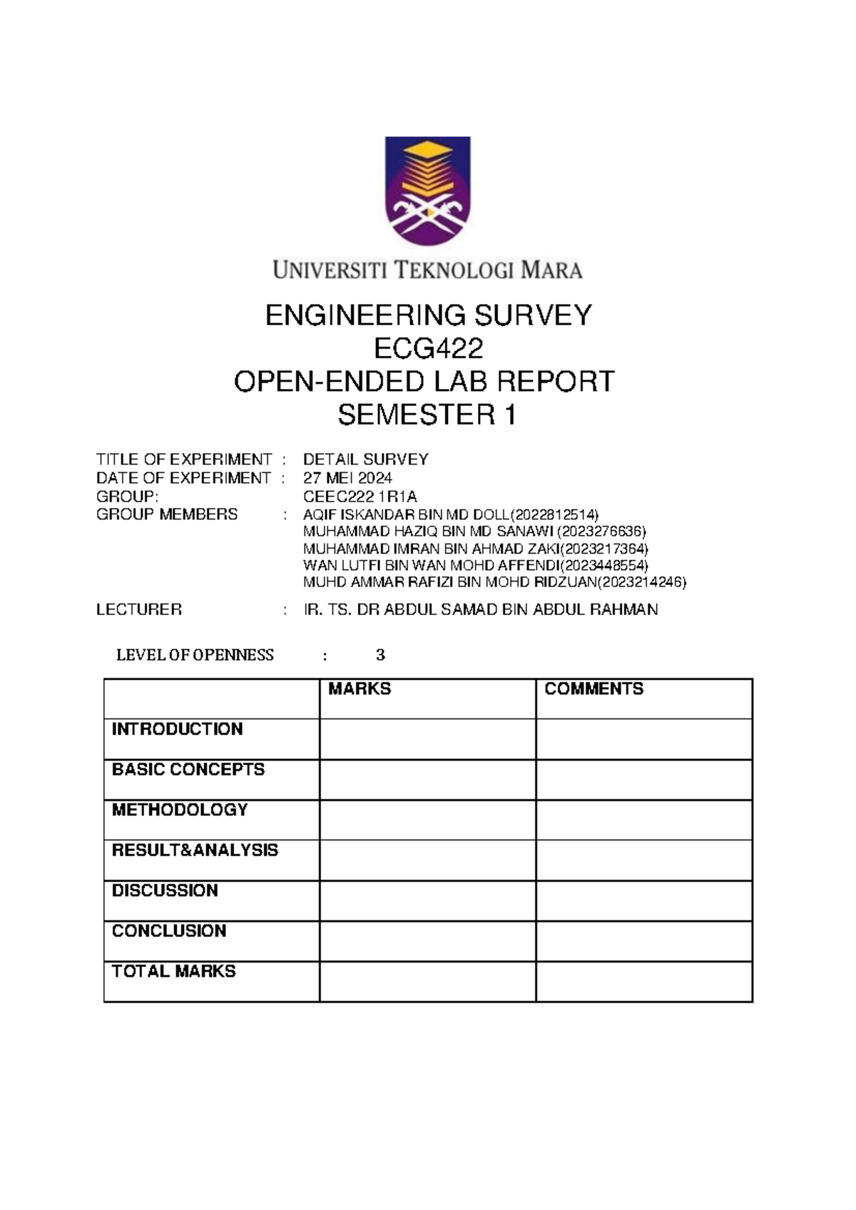 Detail Survey - LAB REPORT - ENGINEERING SURVEY ECG OPEN-ENDED LAB ...