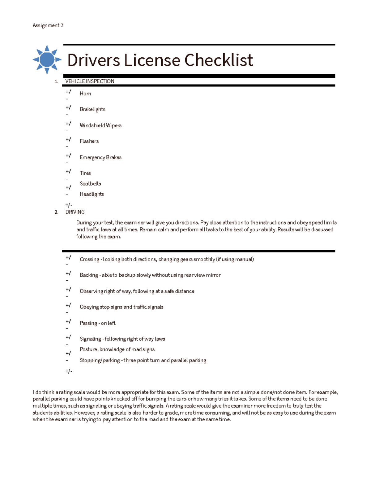 EDF Assignment 7 - Assignment 7 Drivers License Checklist 1. VEHICLE ...