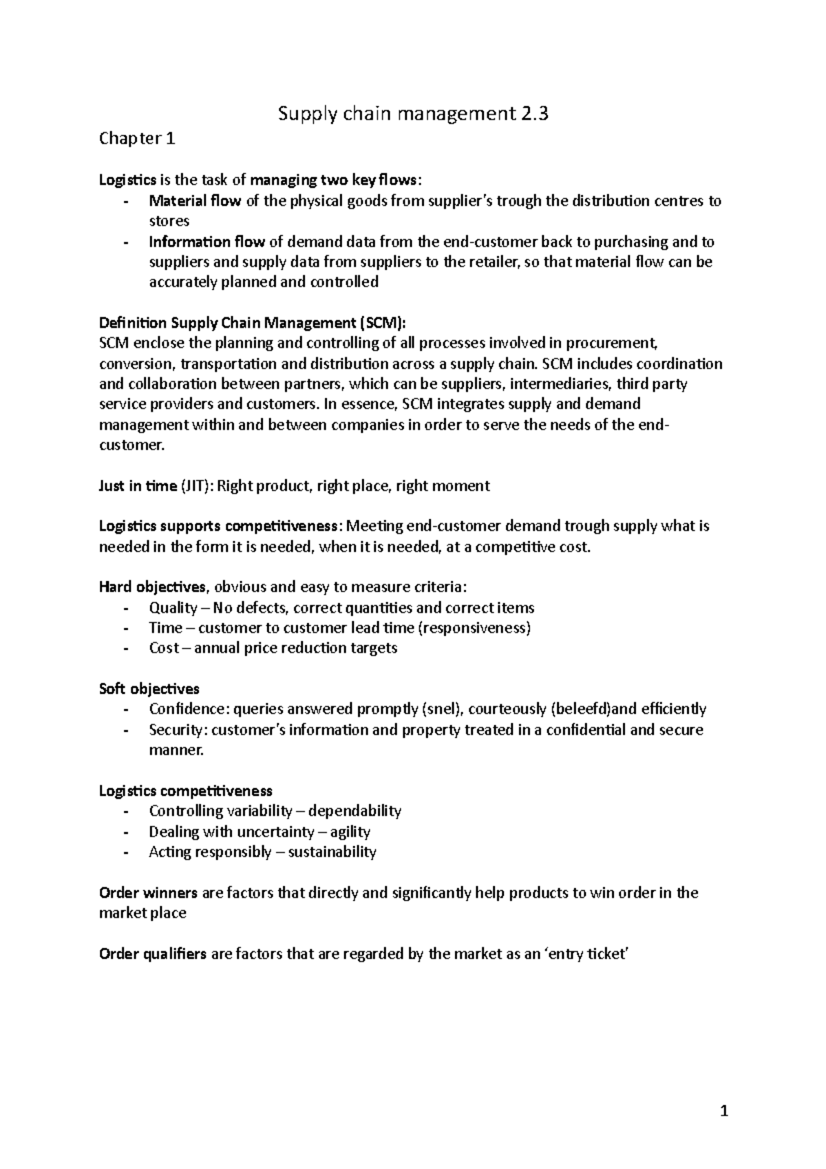 Summary Supply Chain Management 2.3 - Supply chain management 2 Chapter ...
