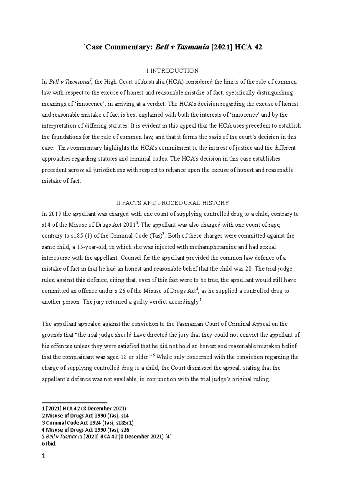 Case Commentary Bell v Tasmania - The HCA’s decision regarding the ...