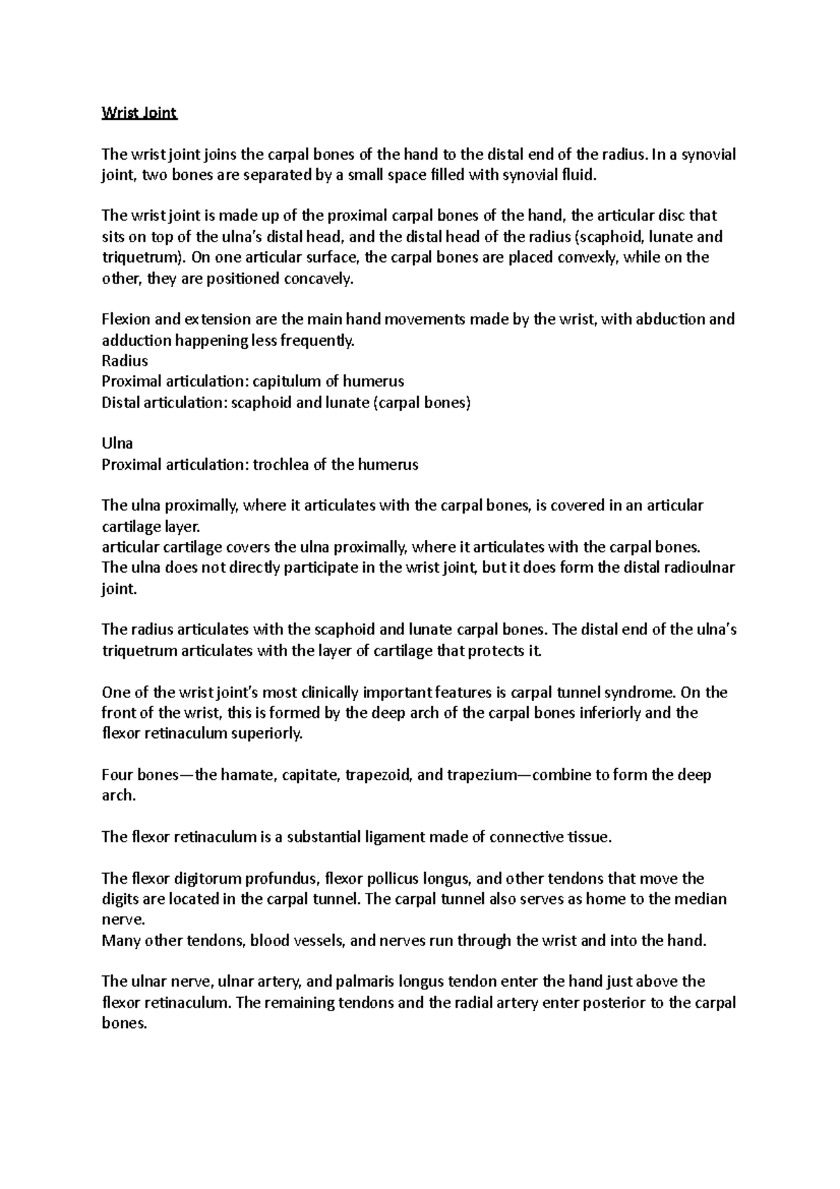 Wrist Joint - Anatomy notes - Wrist Joint The wrist joint joins the ...