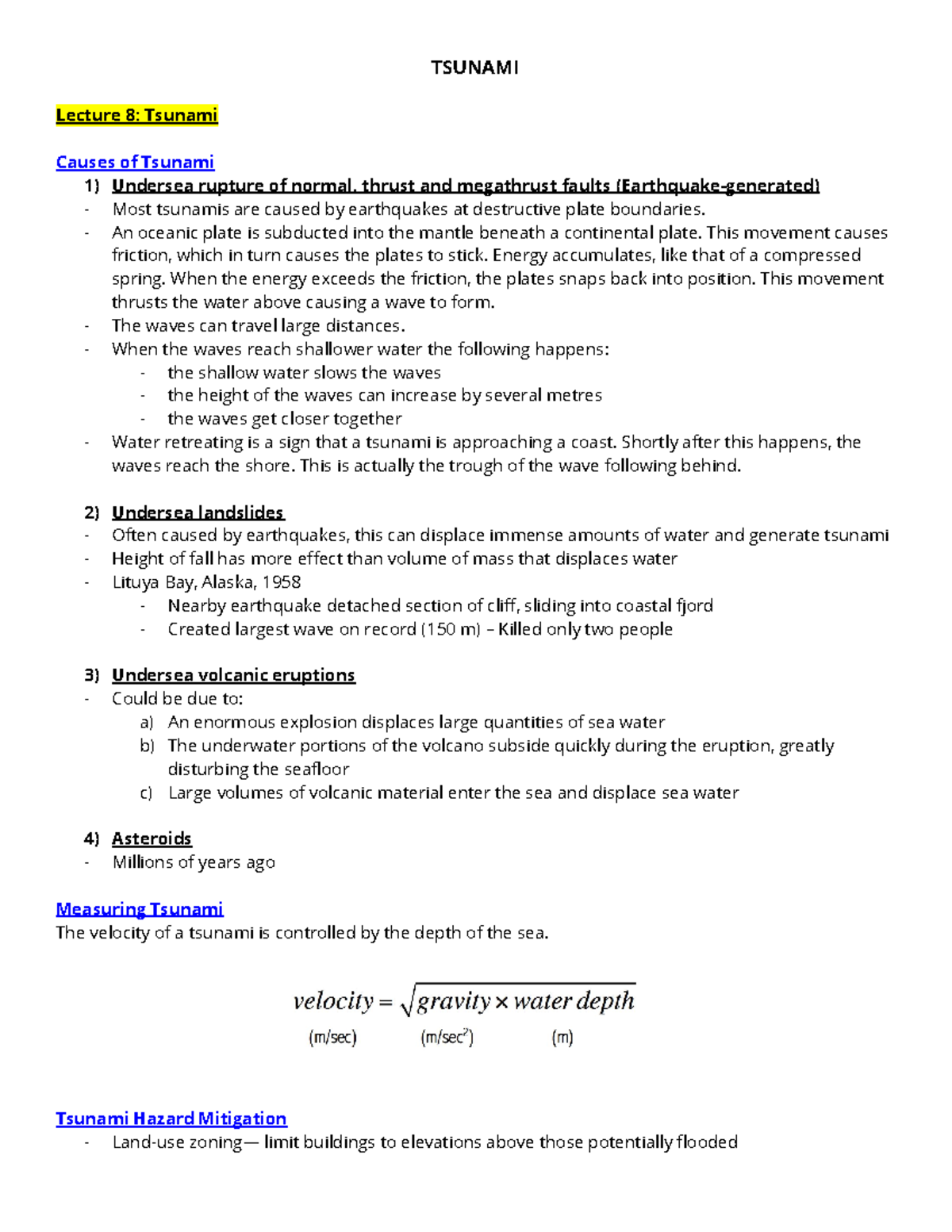 Tsunami - notes - TSUNAMI **Lecture 8: Tsunami ** Causes of Tsunami **1 ...