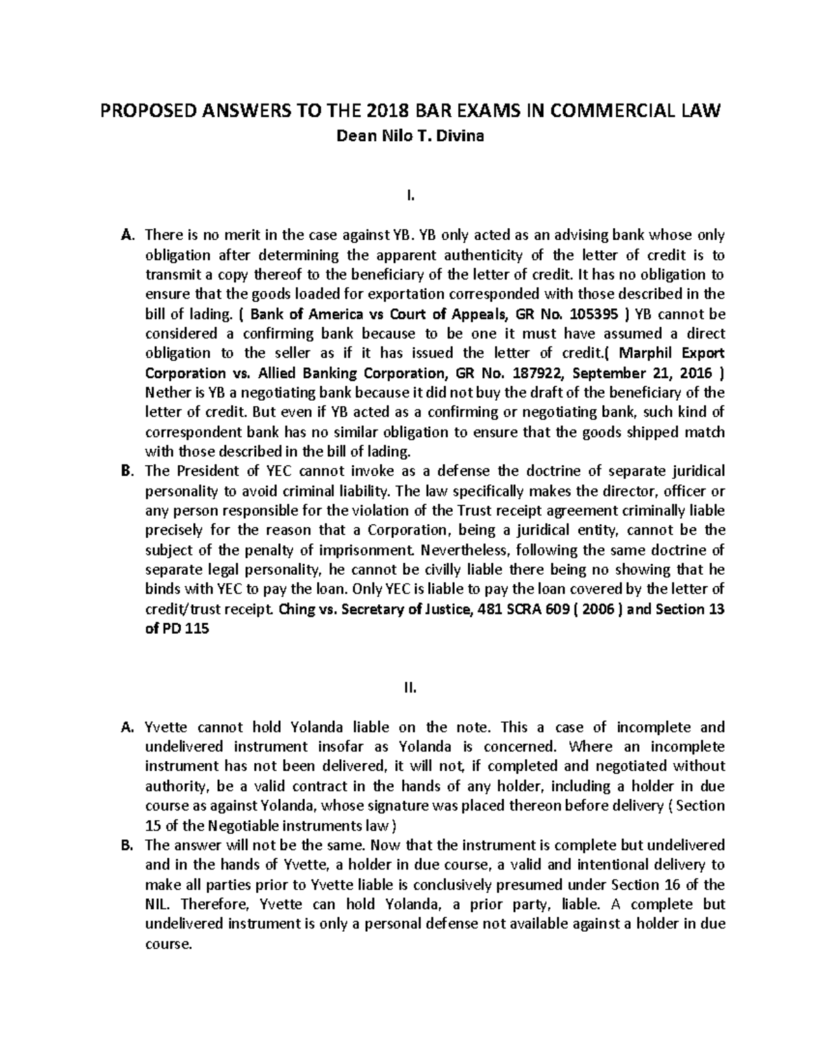 2018 Bar Exams Proposed Answers in Mercantile Law no password - Dean ...