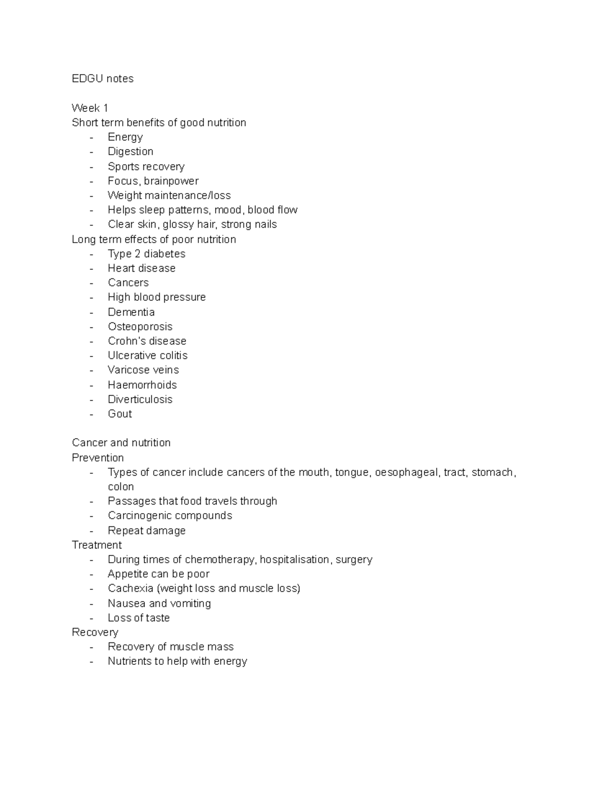 EDGU notes - EDGU notes Week 1 Short term benefits of good nutrition ...