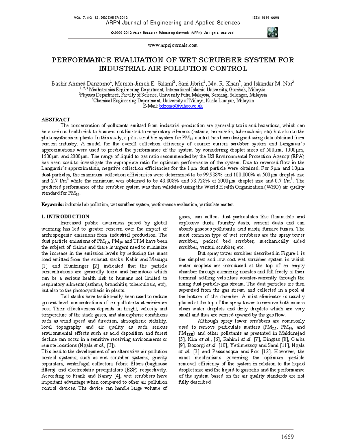 Performance Evaluation OF WET Scrubber System FOR - ARPN Journal of Engineering and Applied ...