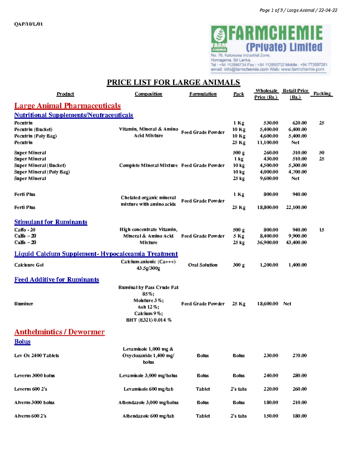 FCL Price List combined - Page 1 of 3 / Large Animal / 22-04- Product ...