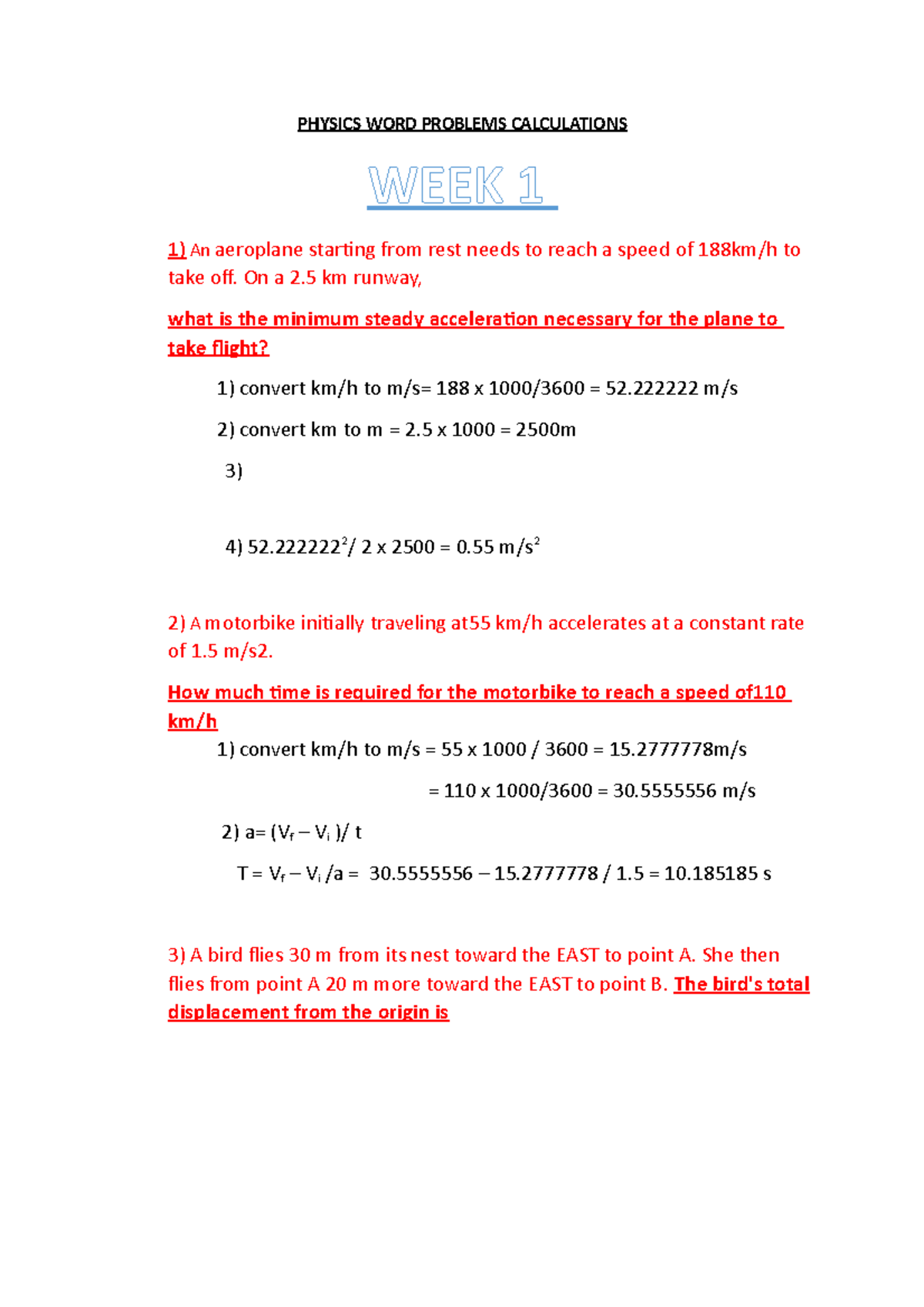 Physics WORD Problems Calculations - PHYSICS WORD PROBLEMS CALCULATIONS ...