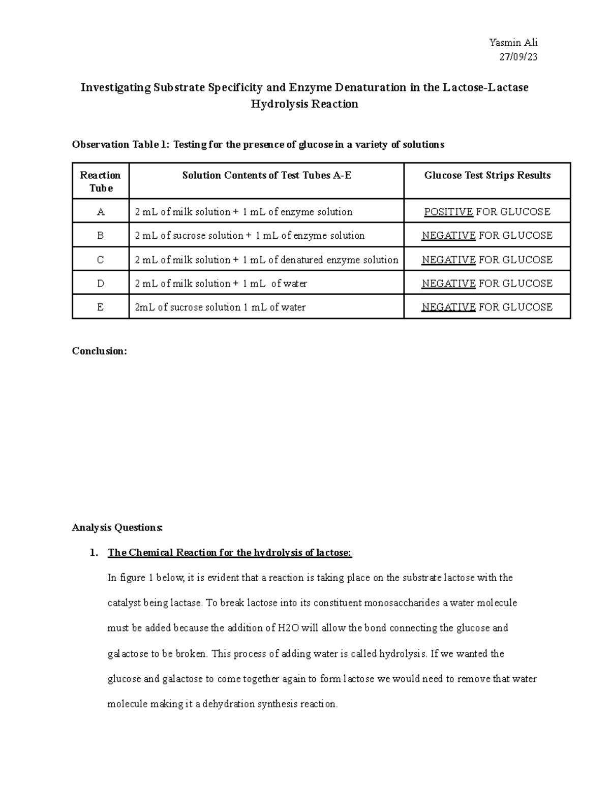 Investigating Substrate Specificity and Enzyme Denaturation in the ...