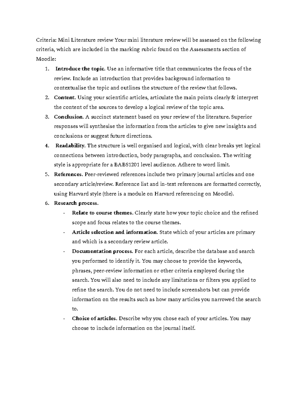 BABS1201 Literature Review - Criteria: Mini Literature review Your mini ...
