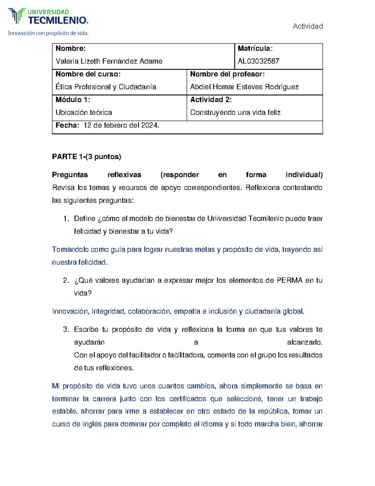 Ética Profesional y Ciudadanía Actividad 2 - Nombre: Valeria Lizeth ...