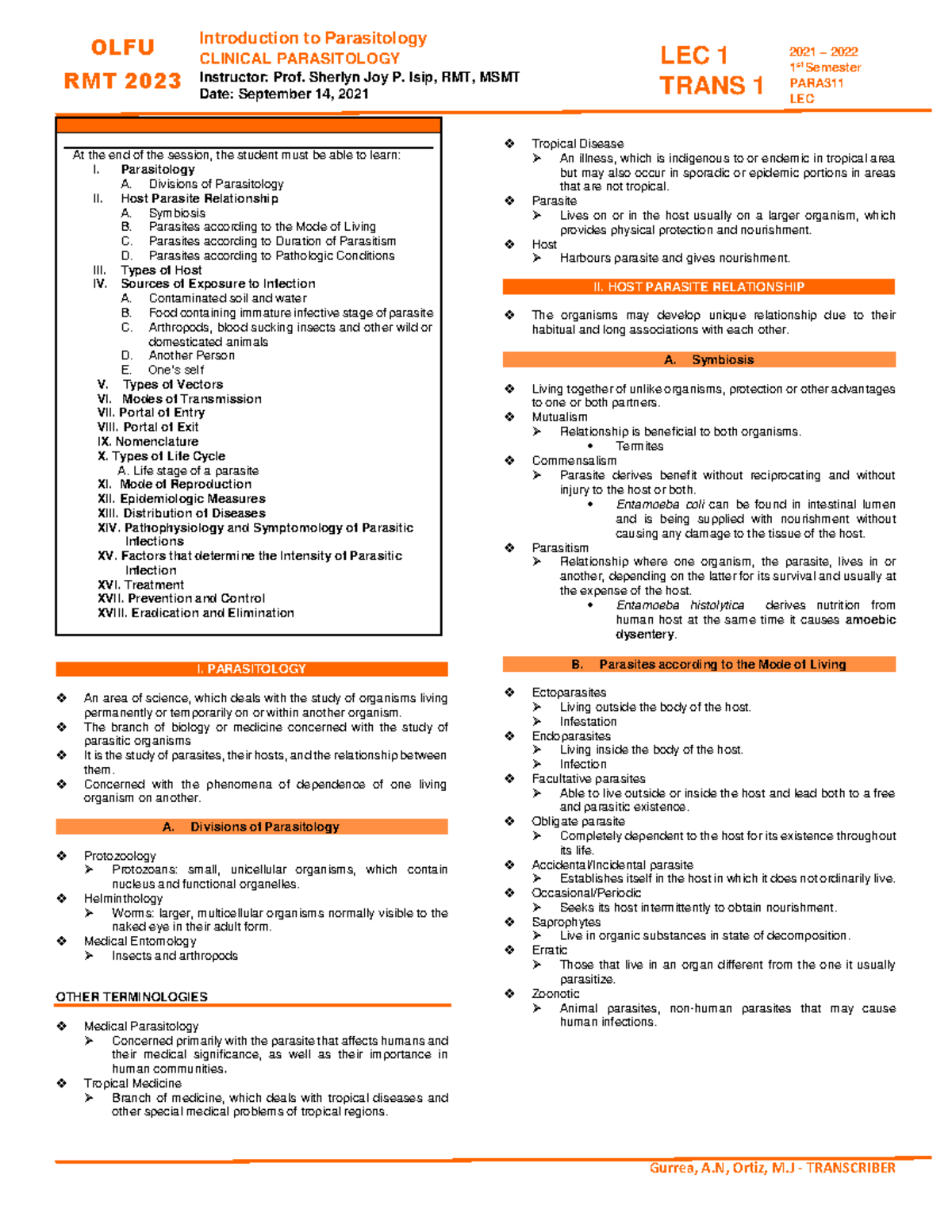 pasarasitology notes - Medical Technology - OLFU - Studocu
