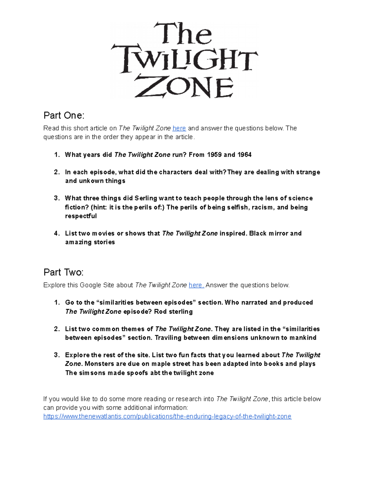 Copy of Twilight Zone Short Research - Part One: Read this short ...