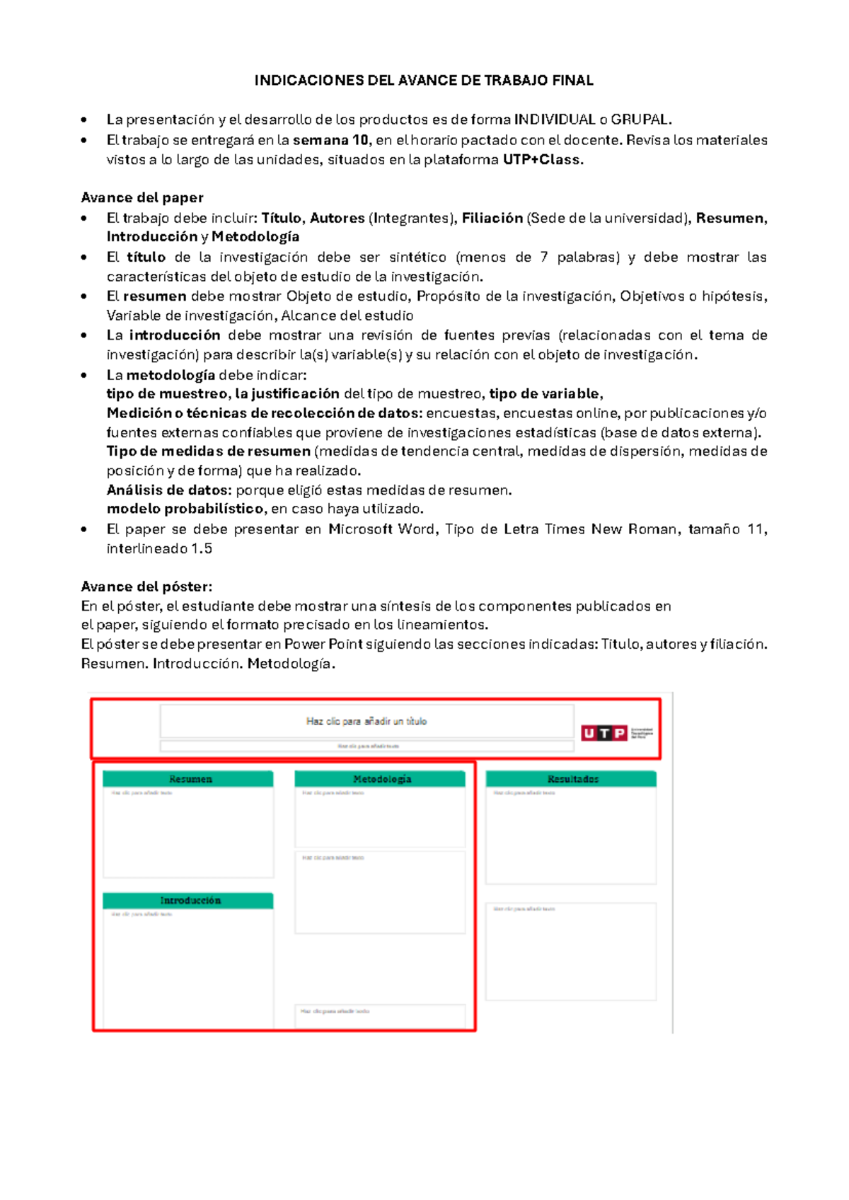 Indicaciones DEL Avance DE Trabajo Final - INDICACIONES DEL AVANCE DE TRABAJO FINAL La ...