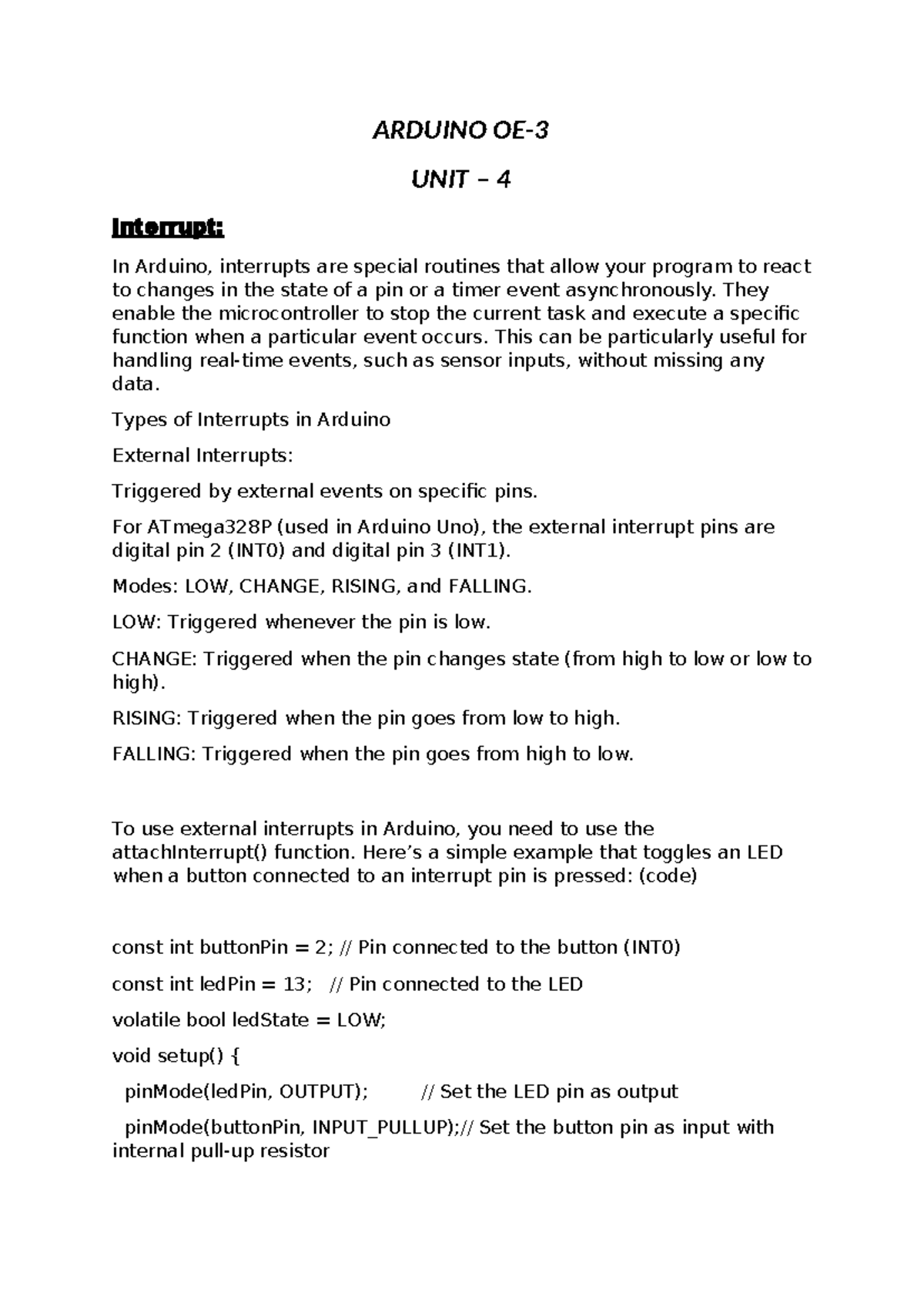 18ECO108J - ARDUINO NOTES(UNIT 4,3,2) - ARDUINO OE- UNIT – 4 Interrupt ...