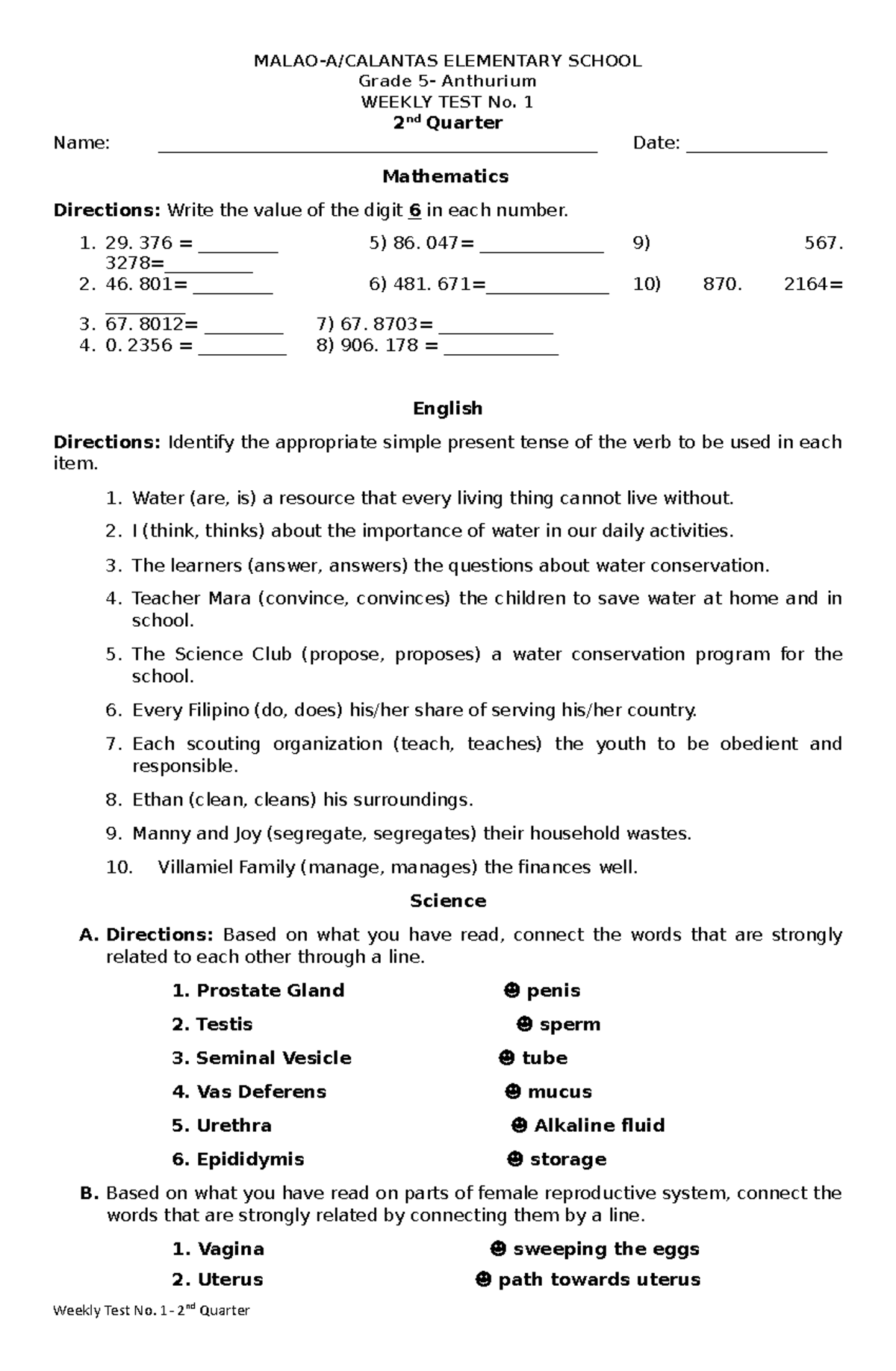 Weekly Test No. 1 - for reference purposes - MALAO-A/CALANTAS ...