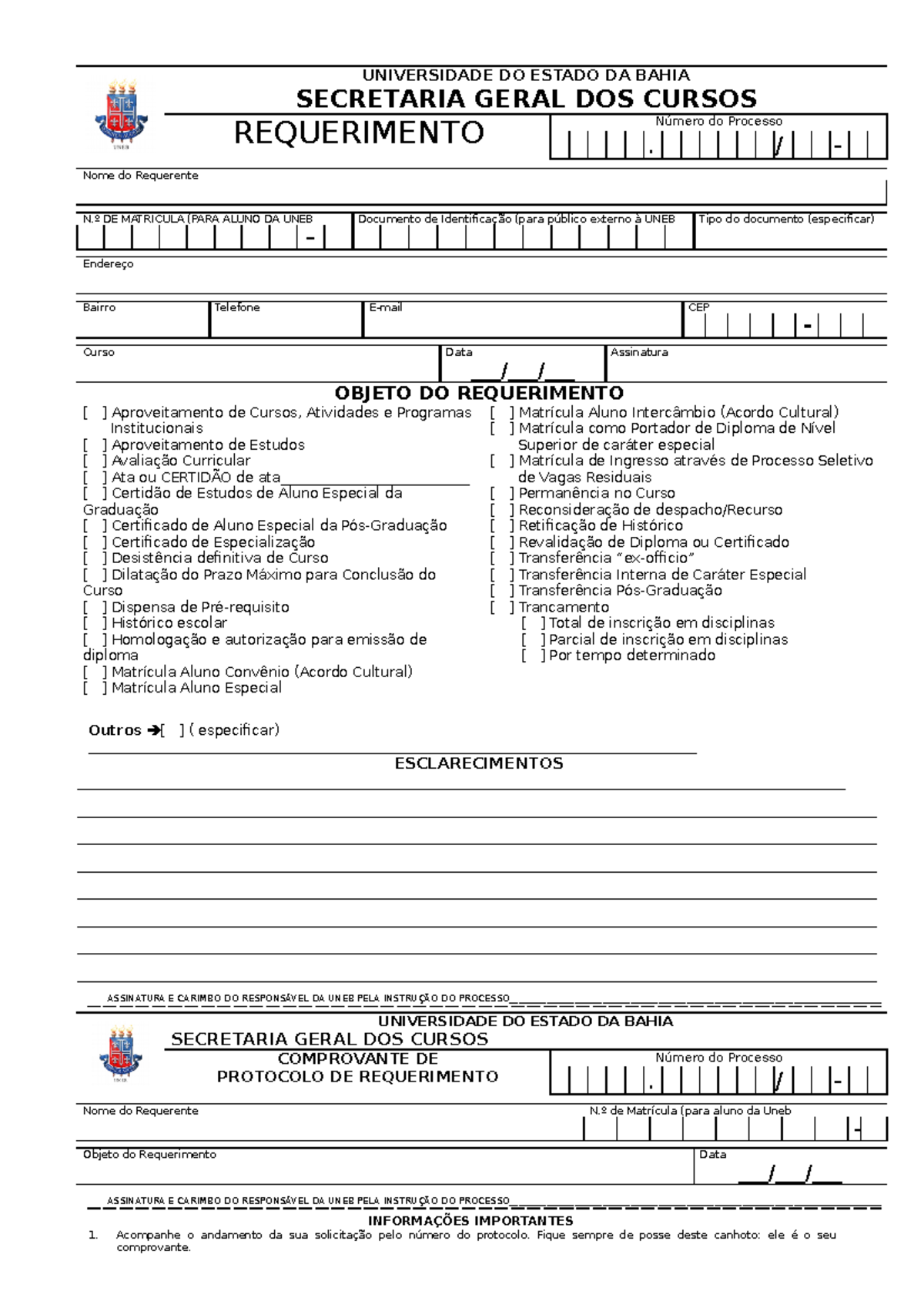 Requerimento Escolar - UNIVERSIDADE DO ESTADO DA BAHIA SECRETARIA GERAL ...