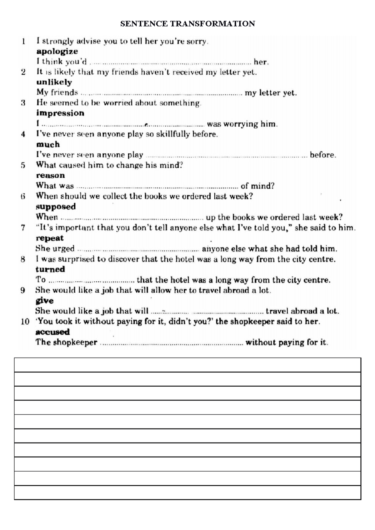 Sentence Transformation - english - SENTENCE TRANSFORMATION - Studocu