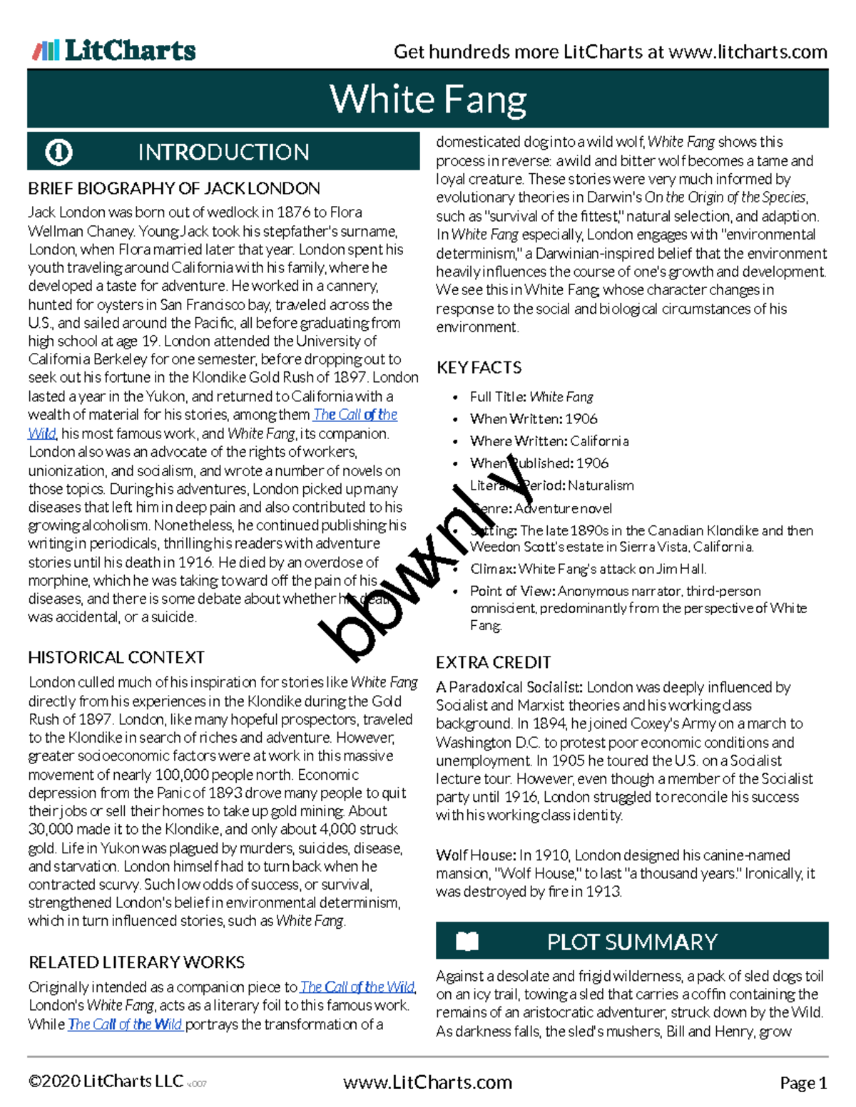 White-Fang-Lit Chart 1 - White Fang BRIEF BIOGRAPHY OF JACK LONDON Jack ...