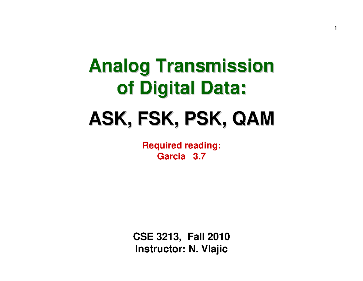 Digital Modulation - 1 Analog Transmission of Digital Data: ASK, FSK ...