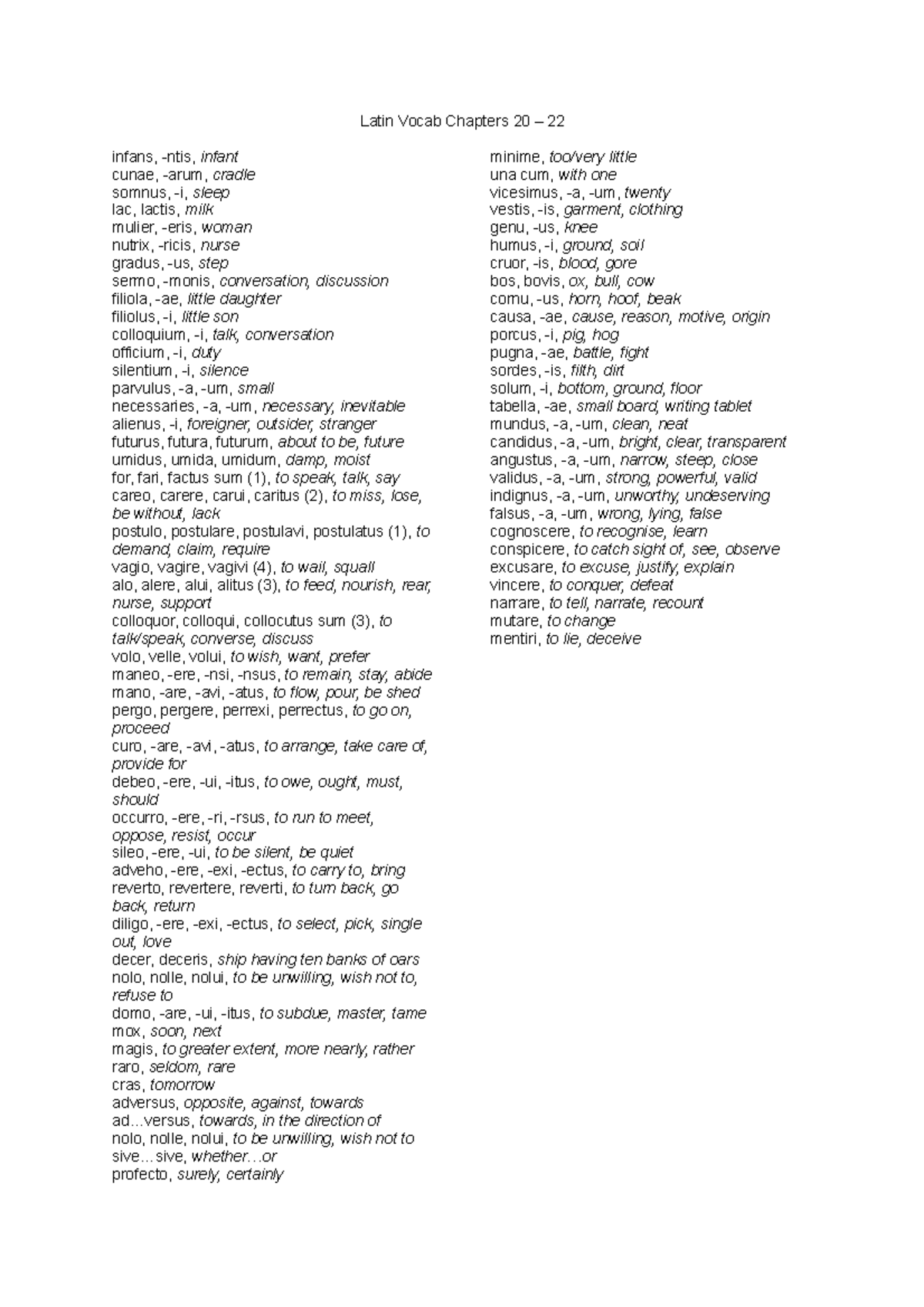 Latina Lingua Vocab List Chapters 20-22 - LATN2101 - ANU - Studocu