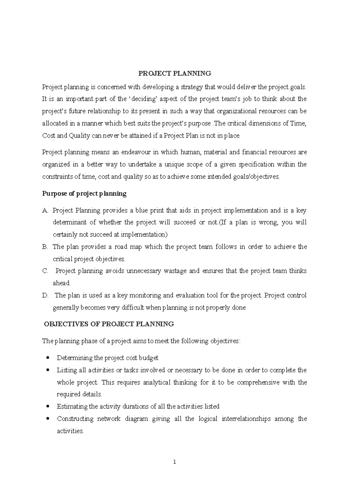 2BCOM project planning Notes-BK - PROJECT PLANNING Project planning is ...