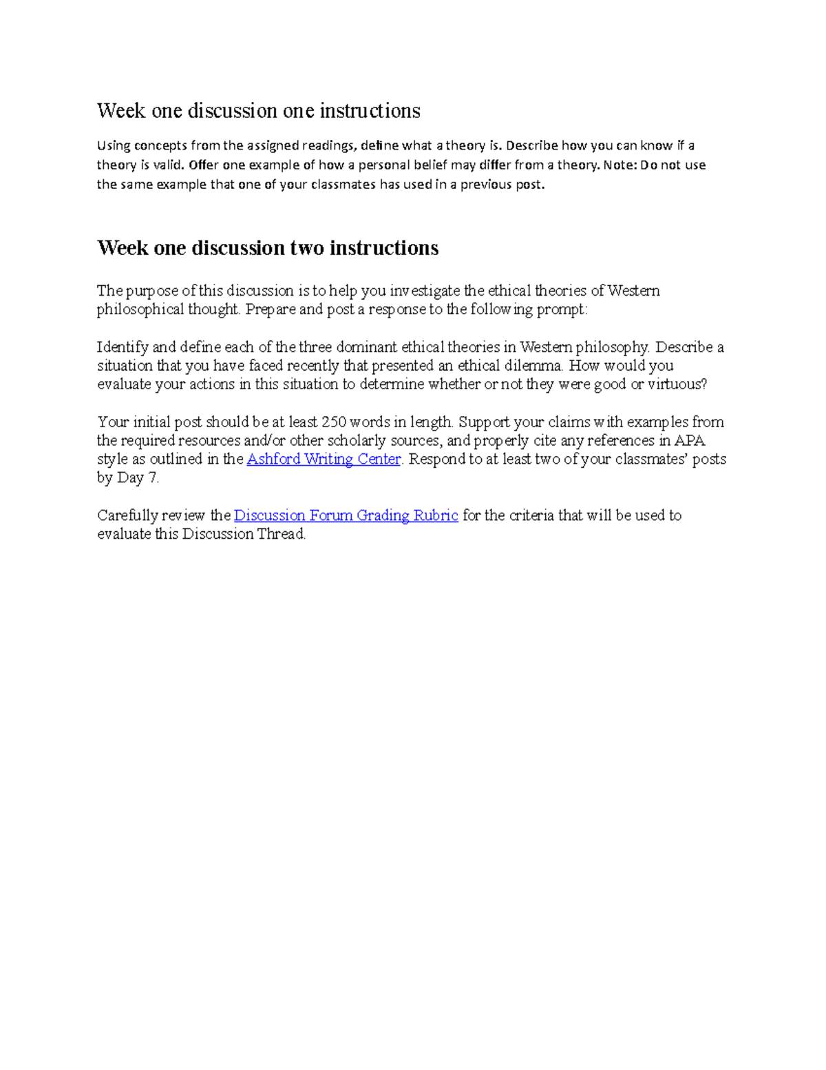 Week one- discussion 1 and 2 instructions - Week one discussion one ...