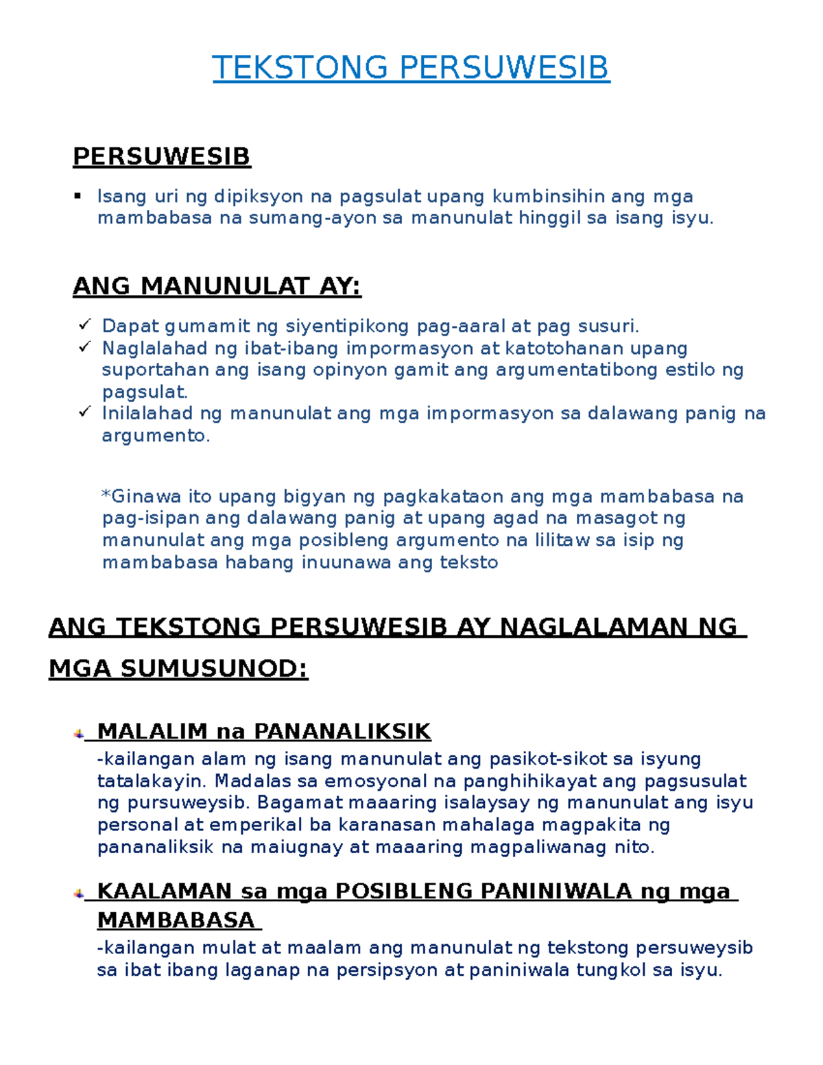 HAND OUT ( Persuasive) - TEKSTONG PERSUWESIB PERSUWESIB Isang uri ng ...