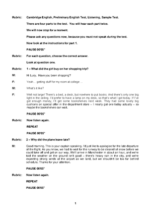 B1 Preliminary 2020 sample Listening - question paper - PRELIMINARY ...