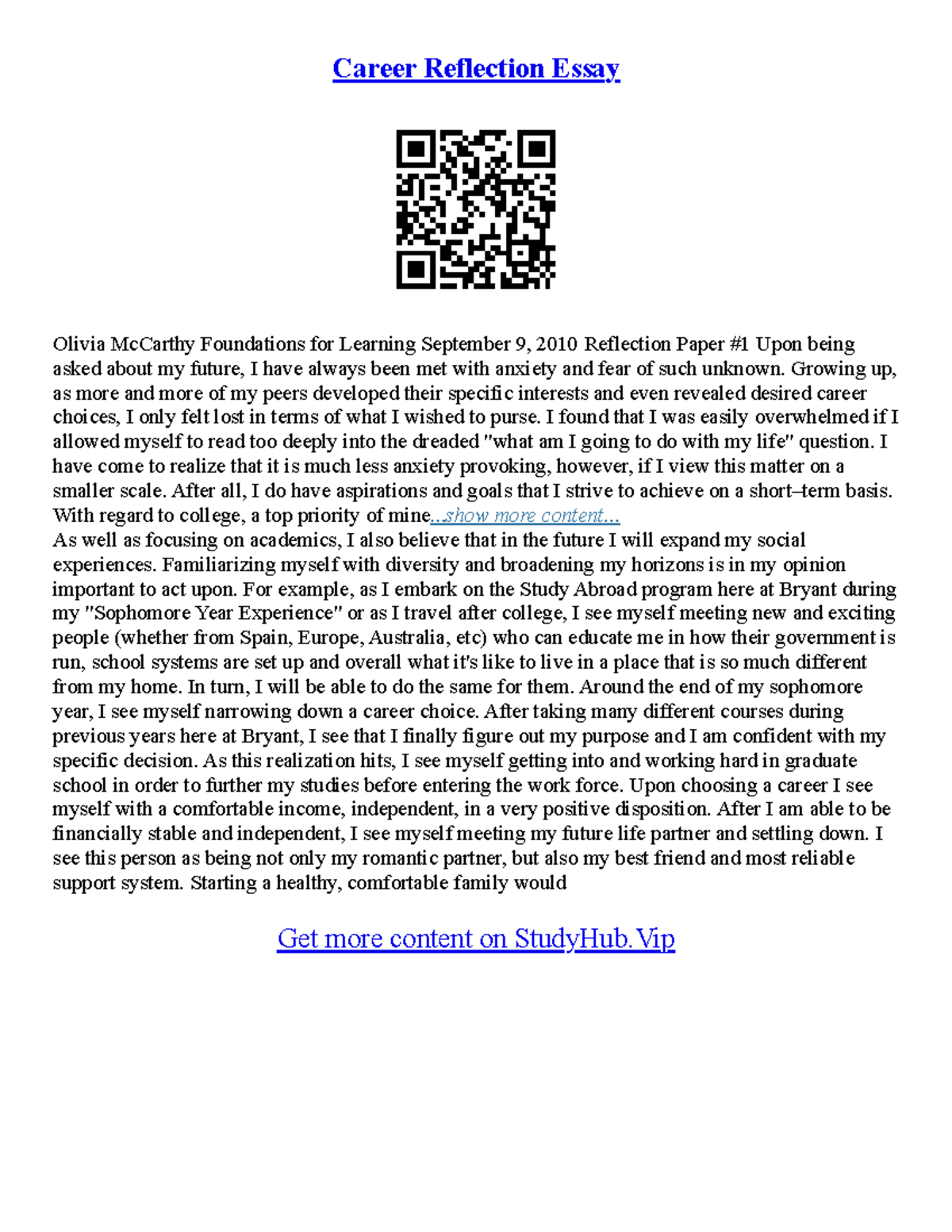 Reflection Essay Introduction - Career Reflection Essay Olivia McCarthy ...